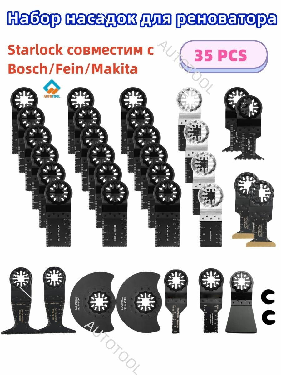 Набор насадок для реноватора, Starlock совместим с Bosch/Fein/Makita/festool инструмент,35 шт Starlock насадки 35 предметов для мультиинструмента