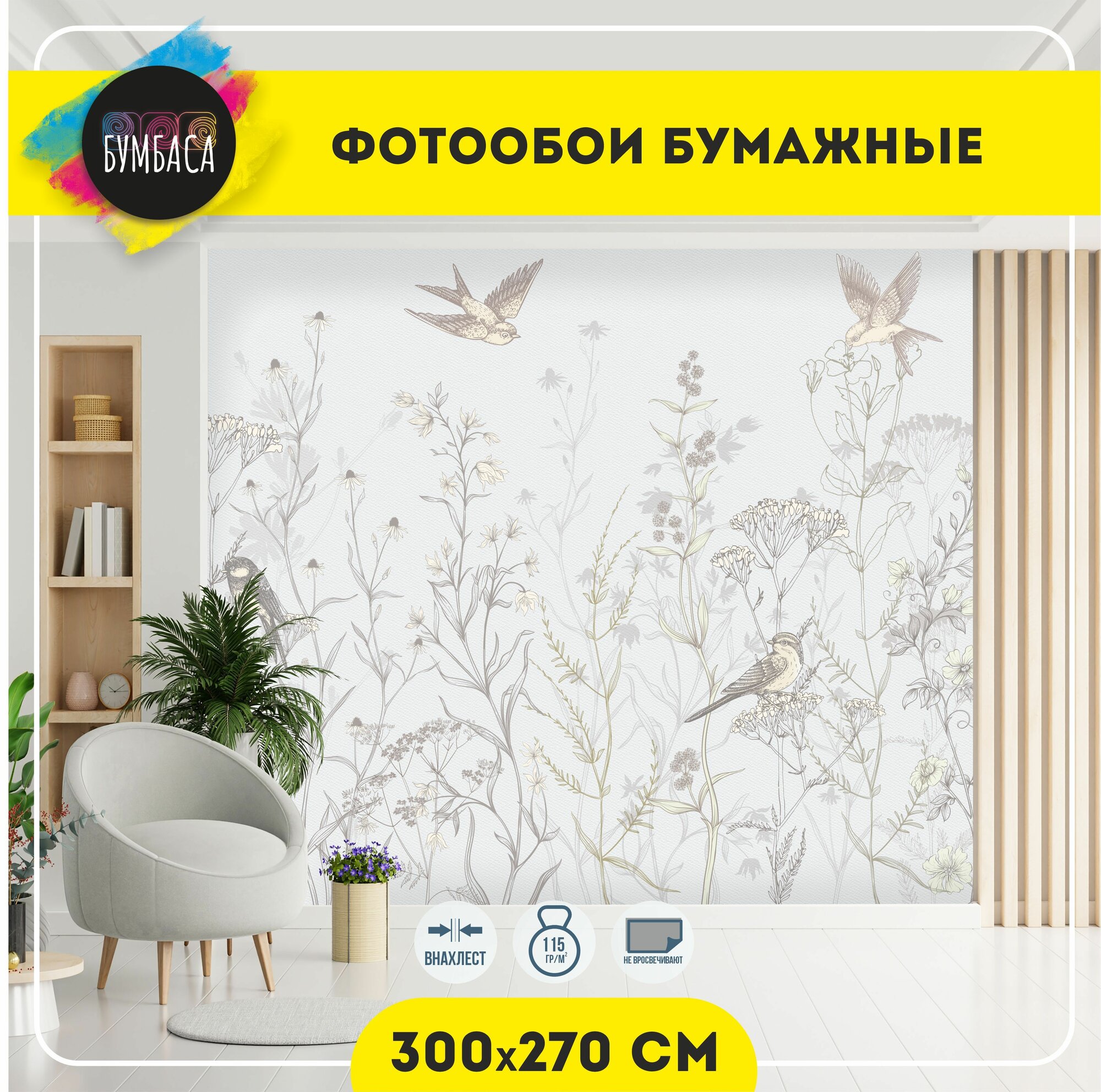 Фотообои бумажные Птицы. Серые 300х270 см