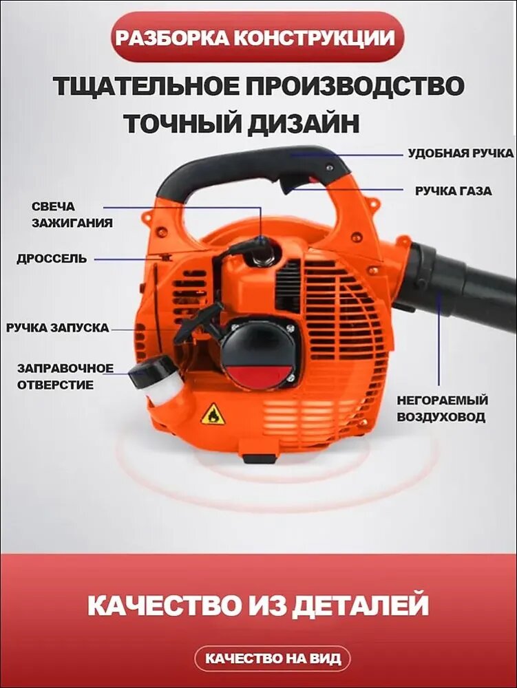 Воздуходувка бензиновая, для работы в саду, мощность двигателя, производительность 900 куб. м/ч, объем бака 0.9 л — фото 1