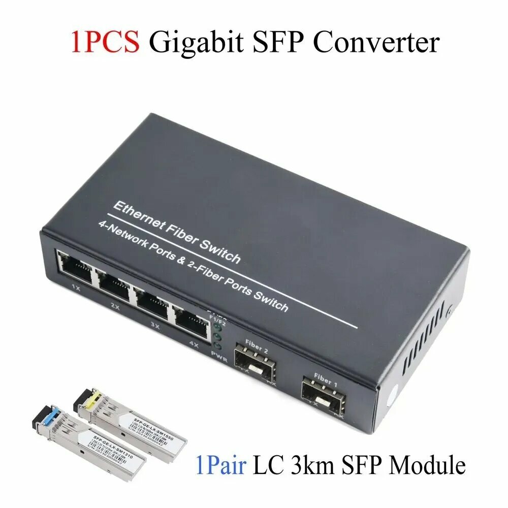 Гигабитный медиаконвертер SFP 1 шт. 2 SFP в 4 RJ45 трансивера 10/100/1000M волоконно-оптический коммутатор с 3 км/20 км LC/SC SFP-модулем