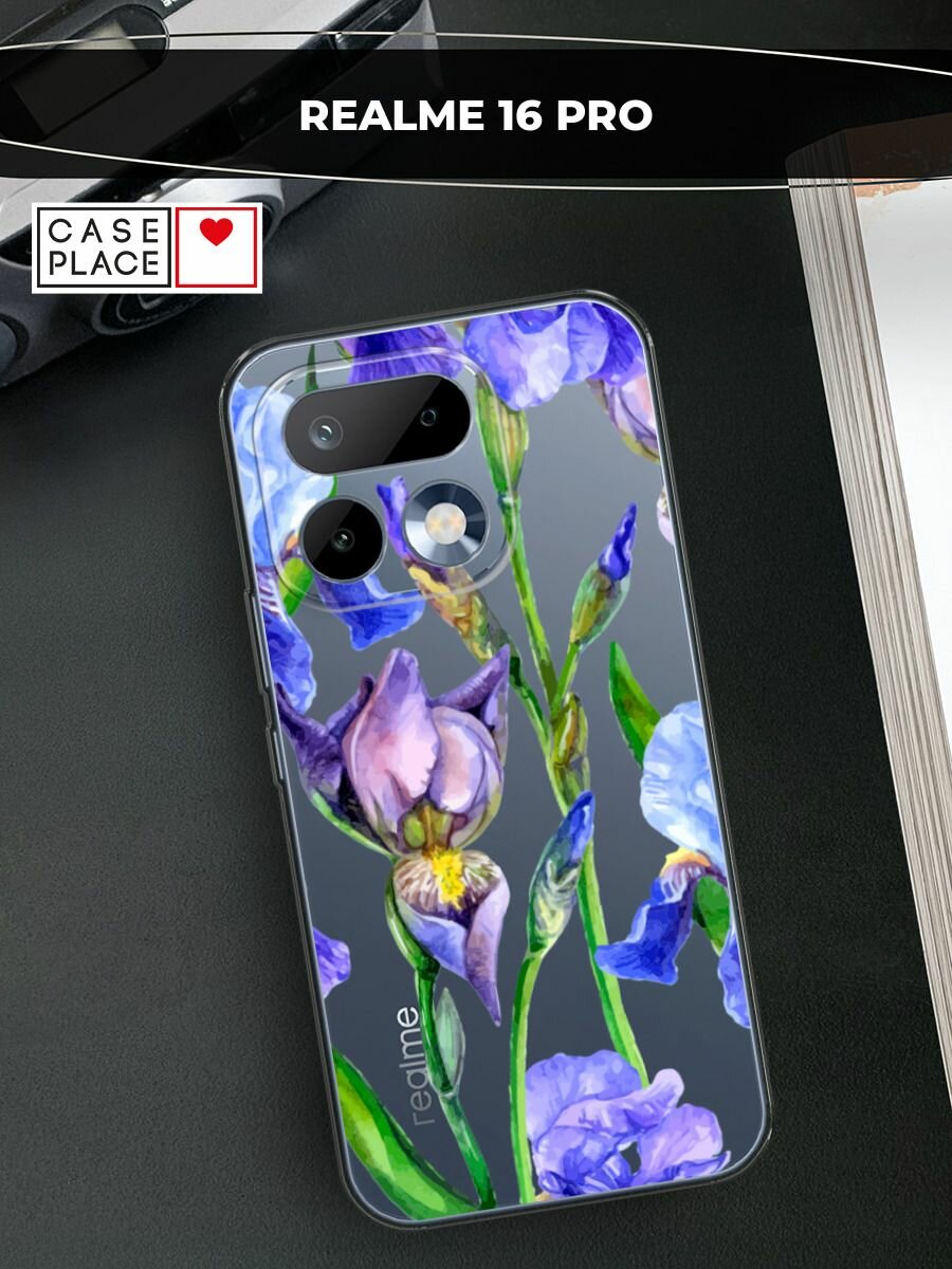 Чехол на Realme 16 Pro / Реалме 16 Про с принтом Синие ирисы, прозрачный