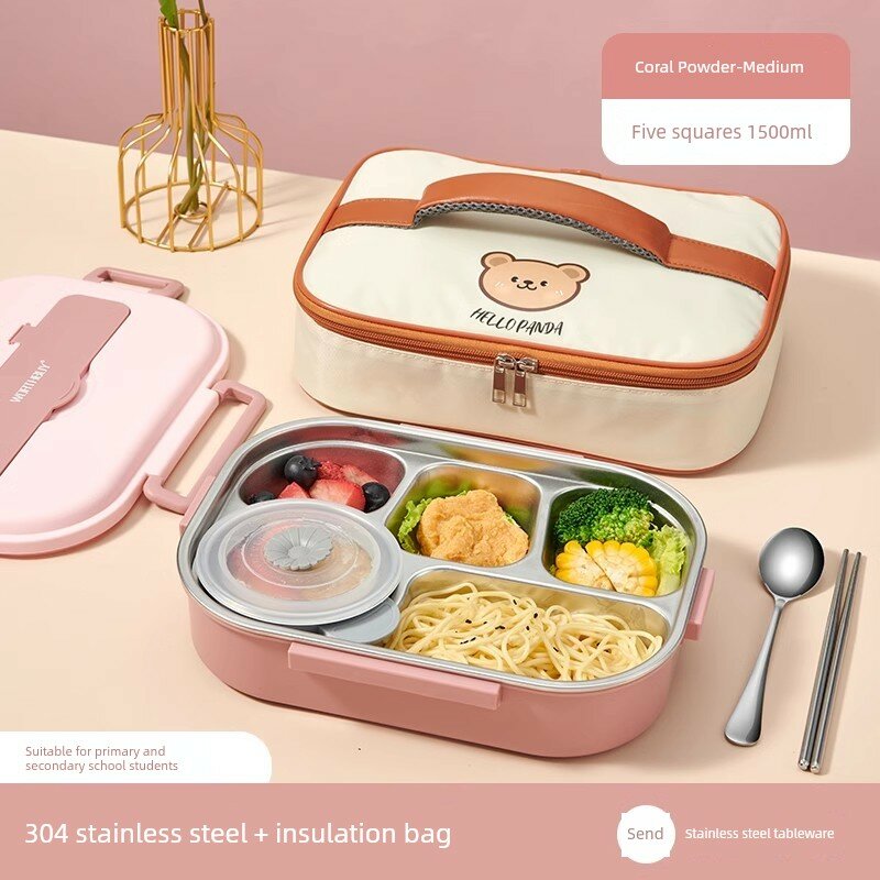 Коралловый розовый 5-отсековый изолированный обеденный контейнер с термобоксом и столовыми приборами, 1500 мл