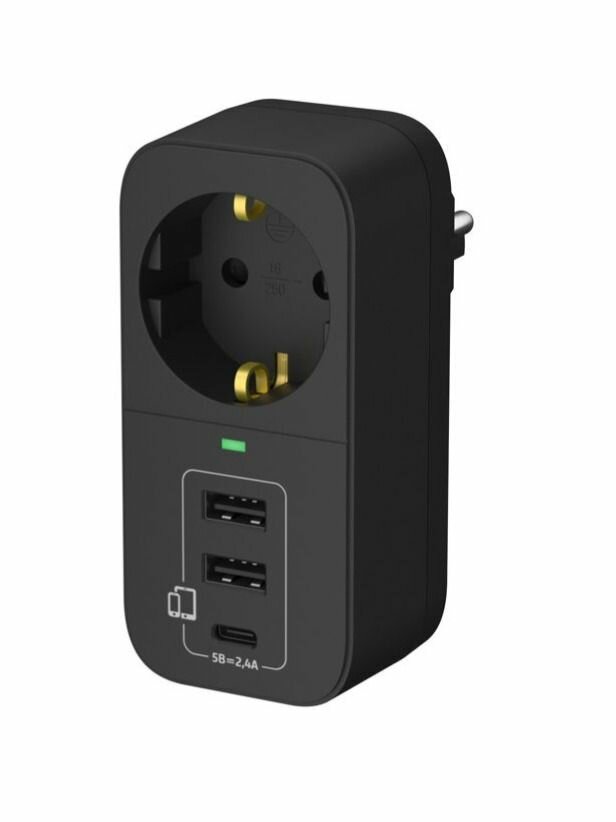 Разветвитель-адаптер фотон 2 USB-A+ USB-C, 2,4 A 16А с/з черный