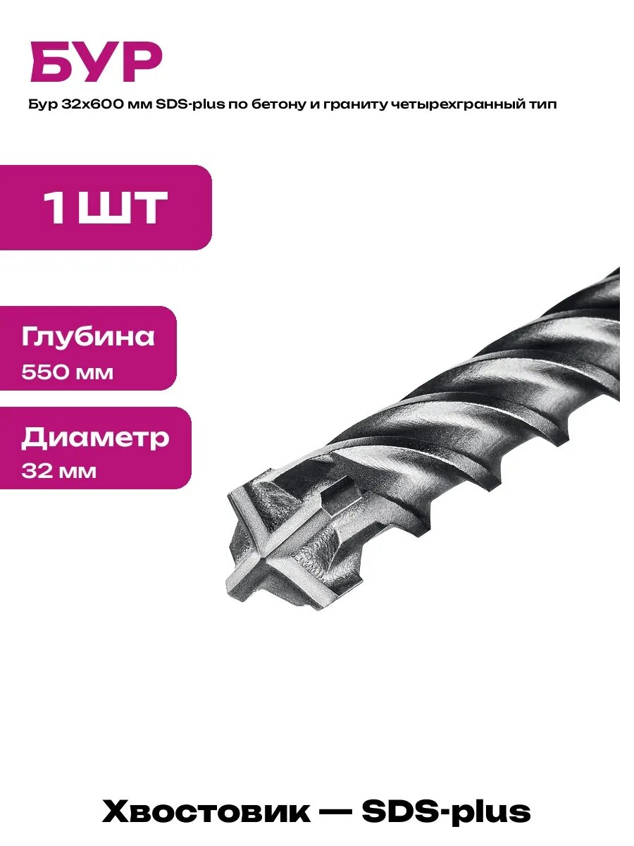 Бур Профи-4Х 32x600 мм SDS-plus по бетону и кирпичу 4 грани