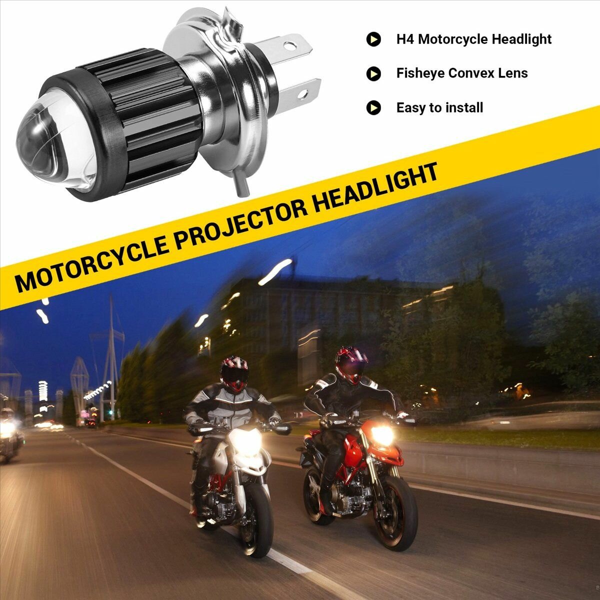 LED лампа H4 для мотоциклов, скутеров и мопедов — двухцветная 6500K/3000K, 30 Вт, 12-80 В, мини, без вентилятора