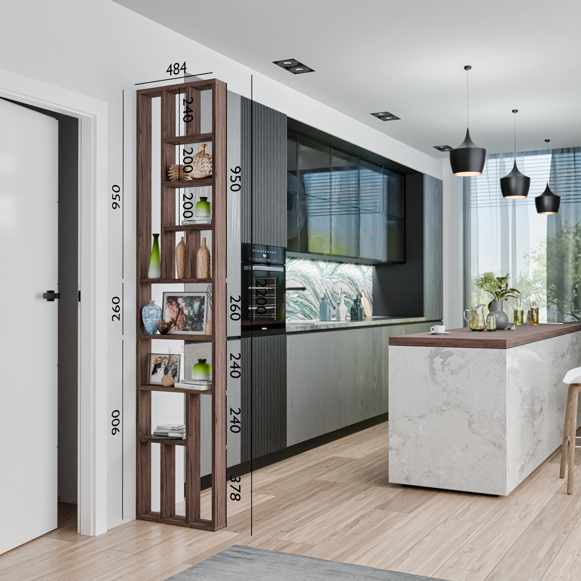 Реечная перегородка с полками, стеллаж для зонирования 484 мм, Дуб Катания