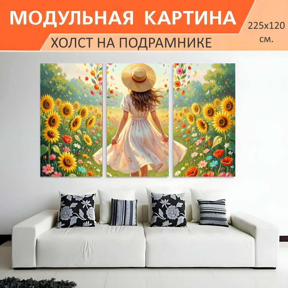 Модульная картина на холсте "Девушка в цветочном поле. Летний фантазийный сюжет: юная фигура в соломенной шляпе идет среди." триптих на подрамнике 225х120 см. для интерьера