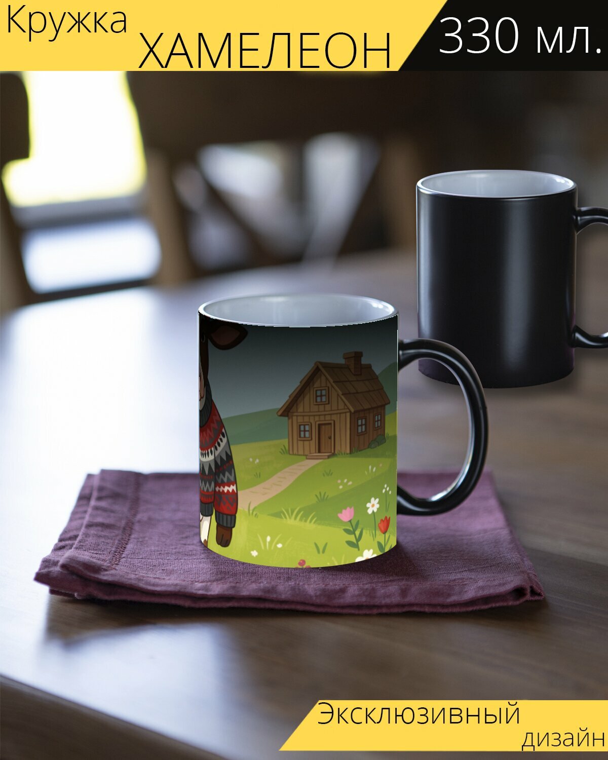 Кружка хамелеон с принтом "Корова в зимнем свитере. Милый мультяшный бык в красной шапке и орнаментальном джемпере стоит на зеленом лугу среди цветов, на фоне домика, холмов." 330 мл.