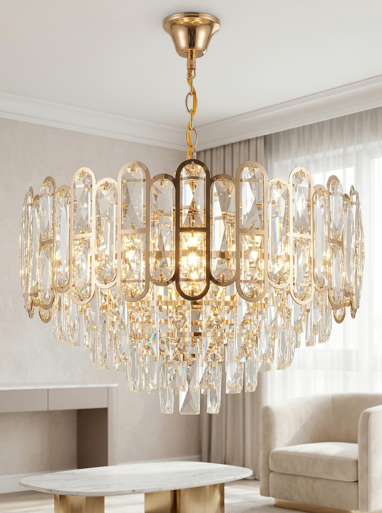 Люстра подвесная, золотая, хрустальная Свет Столицы, до 15 кв. м, люстра с сменными лампочками, цоколь E27