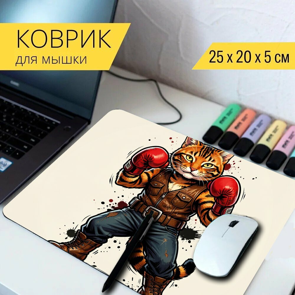 Коврик для мыши с принтом "Кот-боксер в стойке. Хищный полосатый питомец в перчатках и кожаной экипировке, дерзкая спортивная подача, динамичные брызги, контрастные." 25x20см.