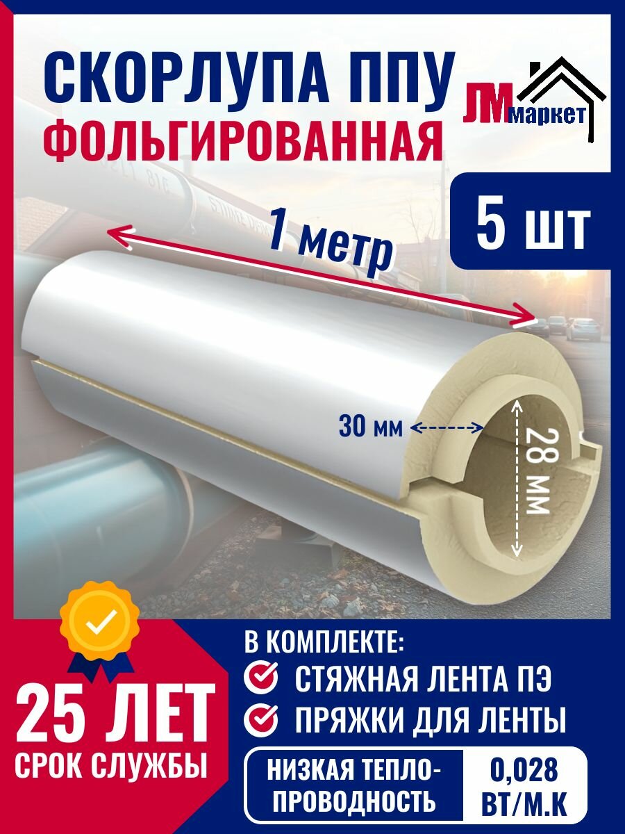 Утеплитель для труб, фольгированный, скорлупа ППУ, для трубы с внешним диаметром 28мм, 5 шт по 1 м.