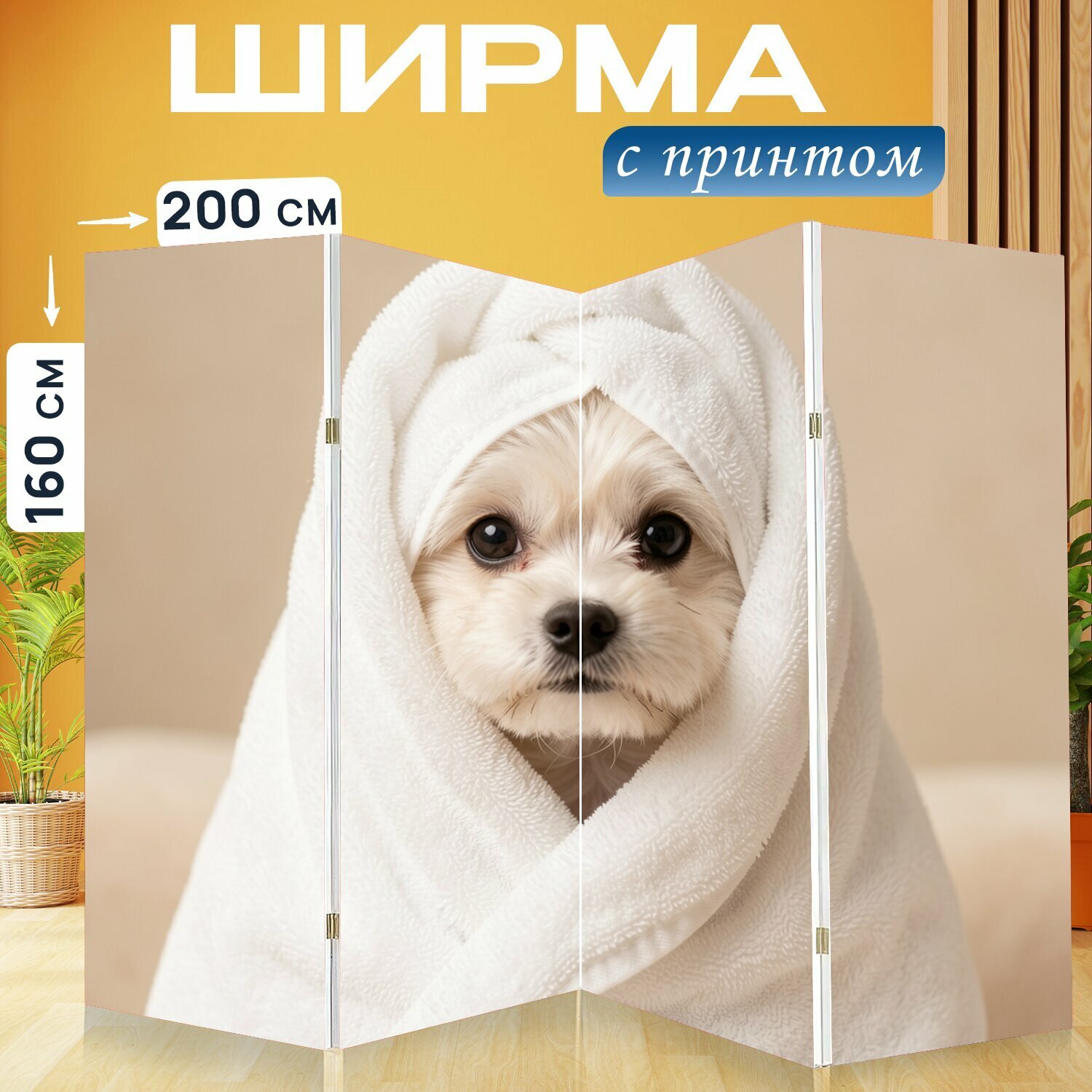 Ширма "Щенок в белом полотенце. Милый маленький пес с большими глазами, укутанный в мягкую махровую ткань." перегородка для зонирования комнаты с принтом 200x160 см. на холсте