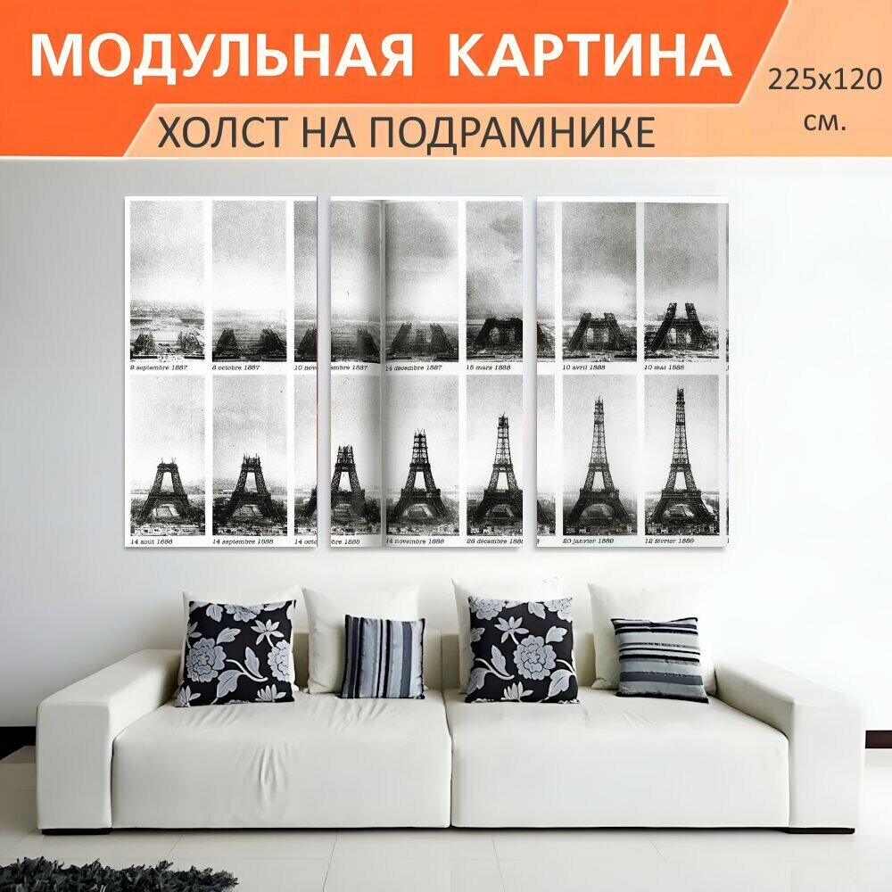 Модульная картина на холсте "Эйфелева башня, строительство, париж" триптих на подрамнике 225х120 см. для интерьера