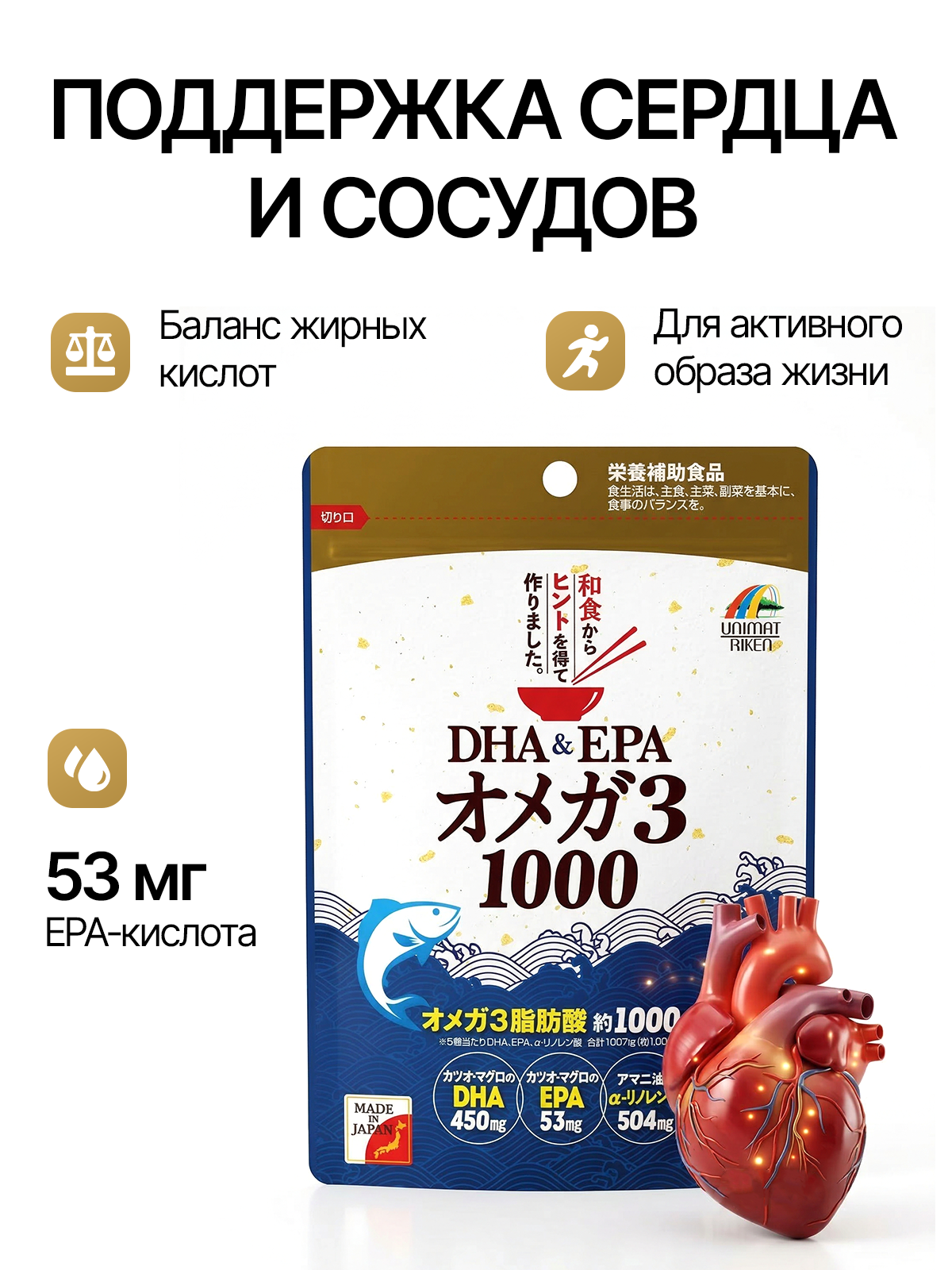 Unimat Riken Омега-3 рыбий жир 1000 мг 120 капсул на 20 дней — фото 1