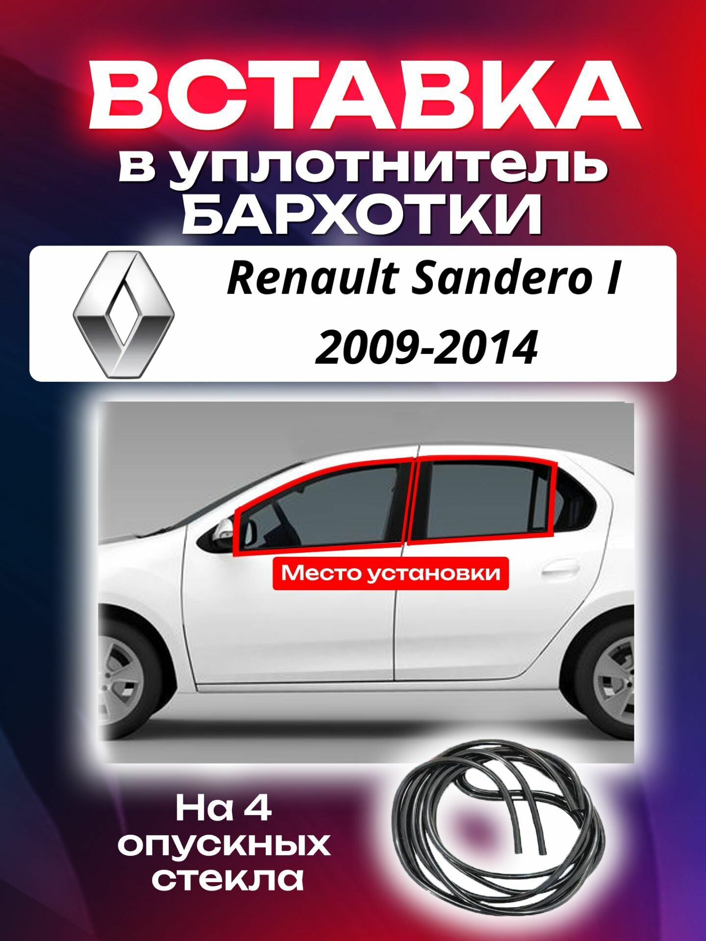 Вставка в уплотнитель бархотки стекла автомобиля Renault Sandero I (2009-2014)/ Рено Сандеро 1 поколение