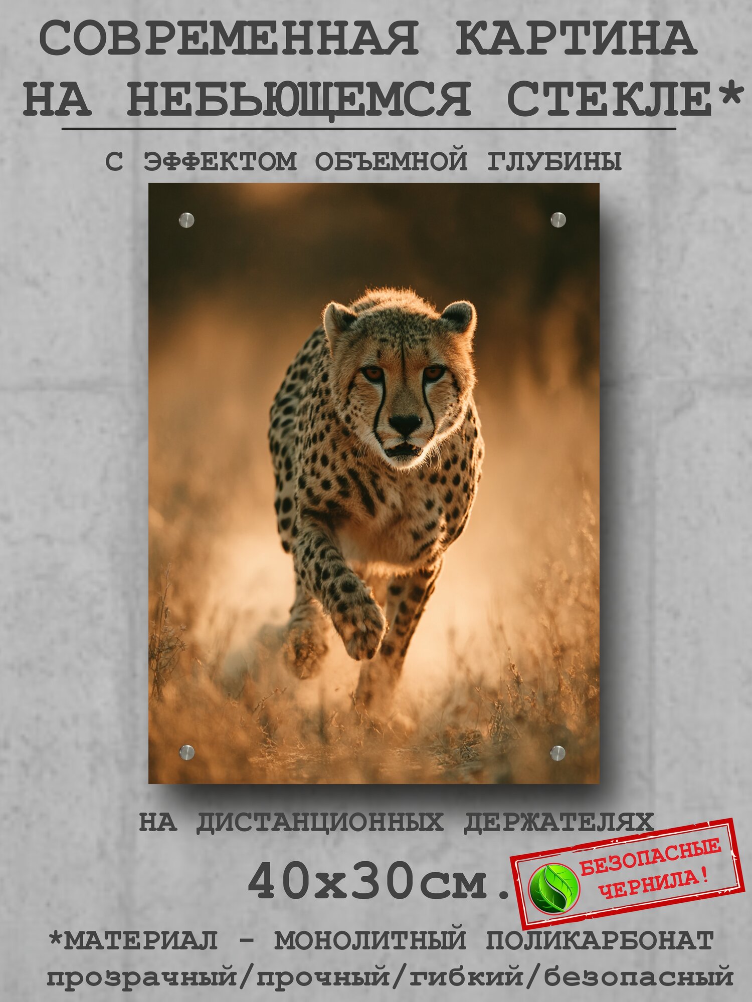 Картина на небьющемся стекле 40 на 30 см. - Гепард. На дистанционных держателях. С эффектом объема.