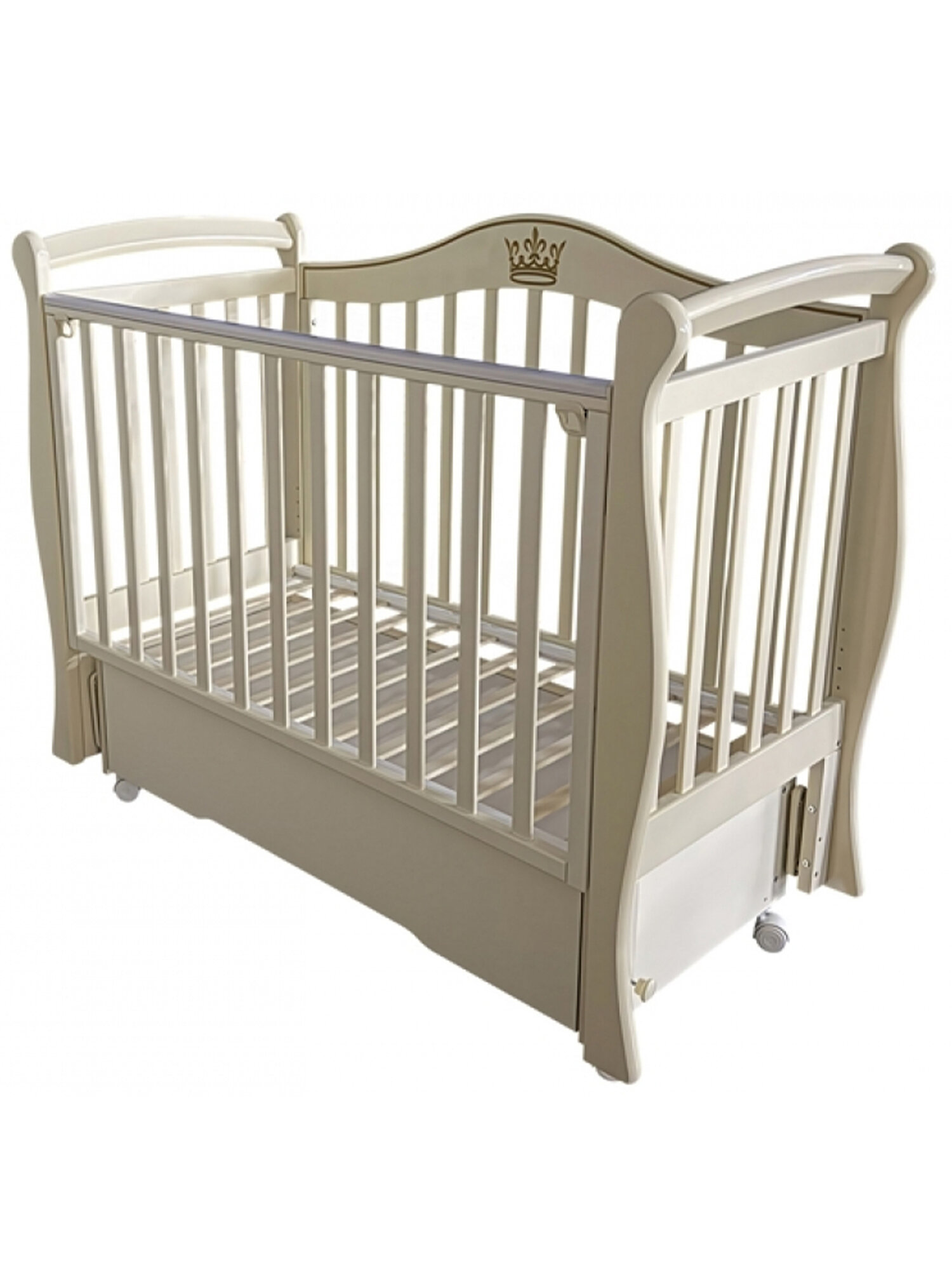 Кроватка детская для новорожденных Антел Эмили-2, универсальный маятник, колеса, ящик, массив березы, слоновая кость