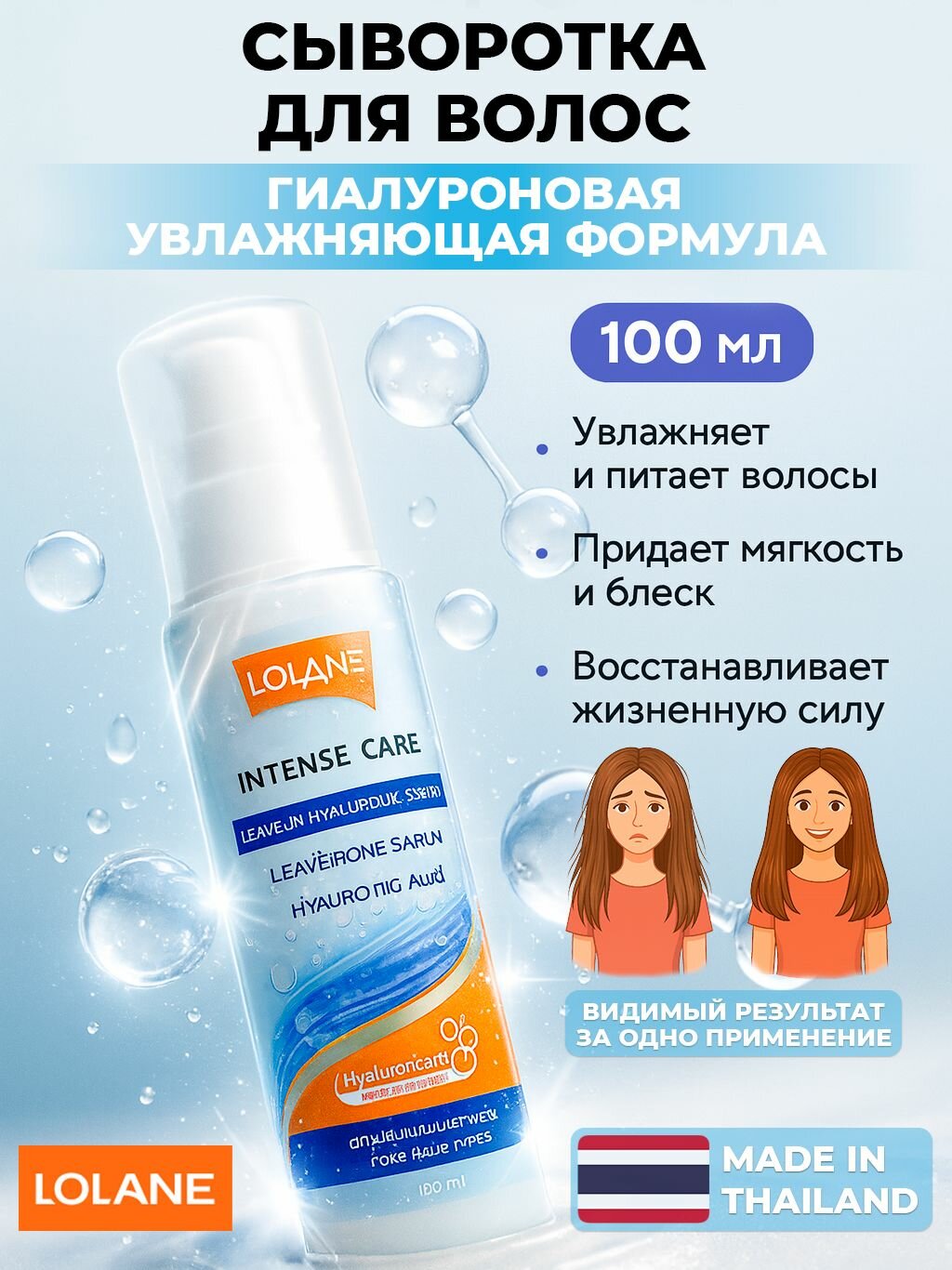LOLANE Увлажняющая Тайская сыворотка для волос, восстанавливающая с гиалуроновой кислотой, несмываемая, 100 мл