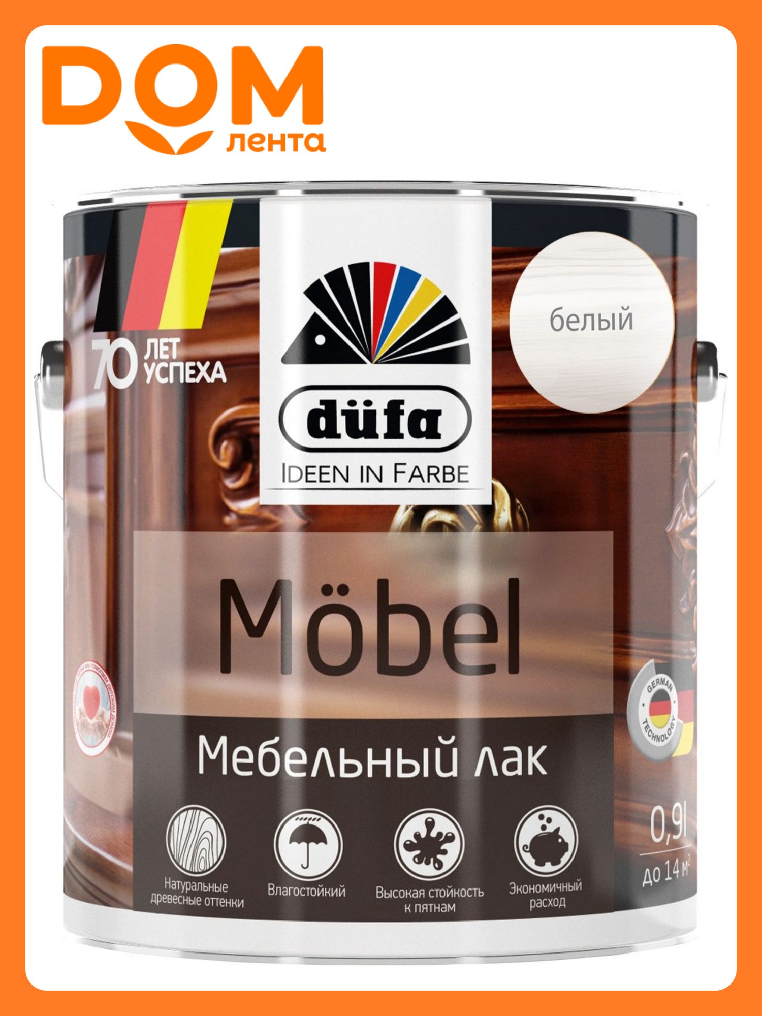 Лак мебельный Dufa Mobel, белый, глянцевый, алкидный, водостойкий, 0,9л