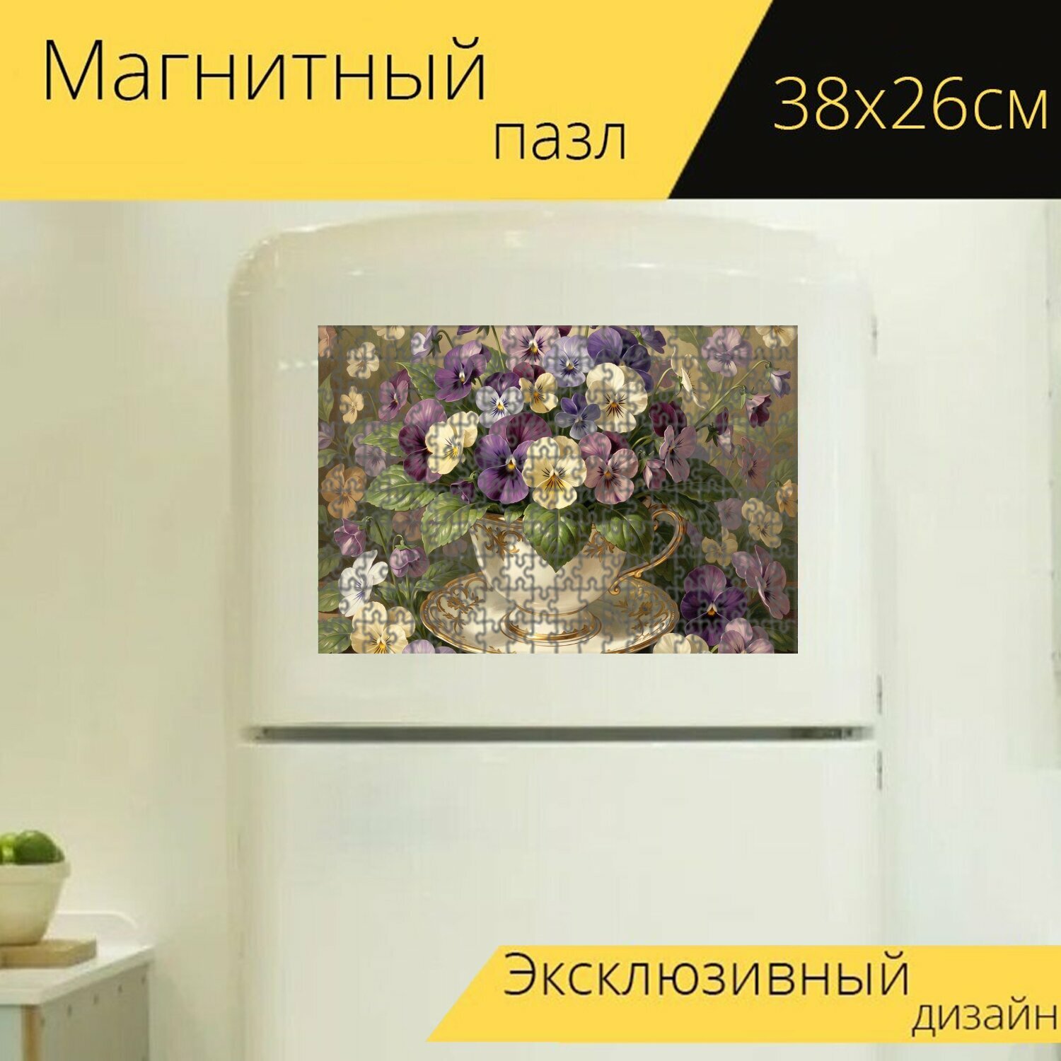 Магнитный пазл "Фиалки в фарфоровой чашке. Нежная ботаническая композиция в винтажной стилистике: пышные анютины глазки и зелёные листья в изящной посуде." для интерьера, 38х26 см.