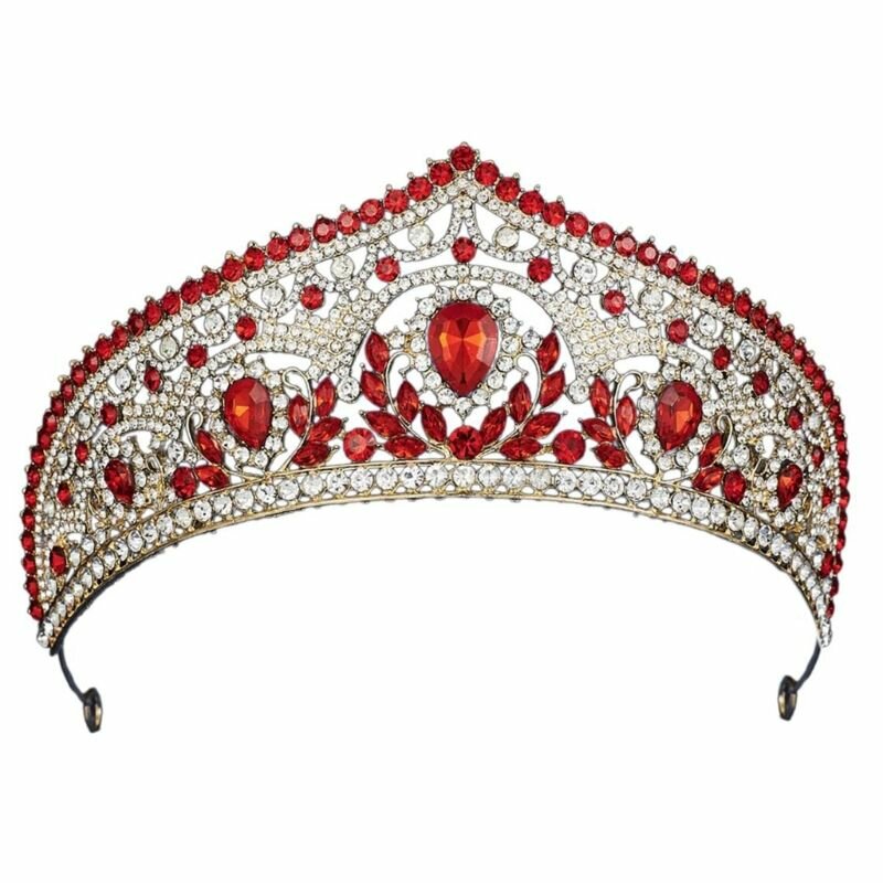Свадебная корона-диадема барокко бриллиантовая — золотая с красными кристаллами, регулируемая из металла для невесты