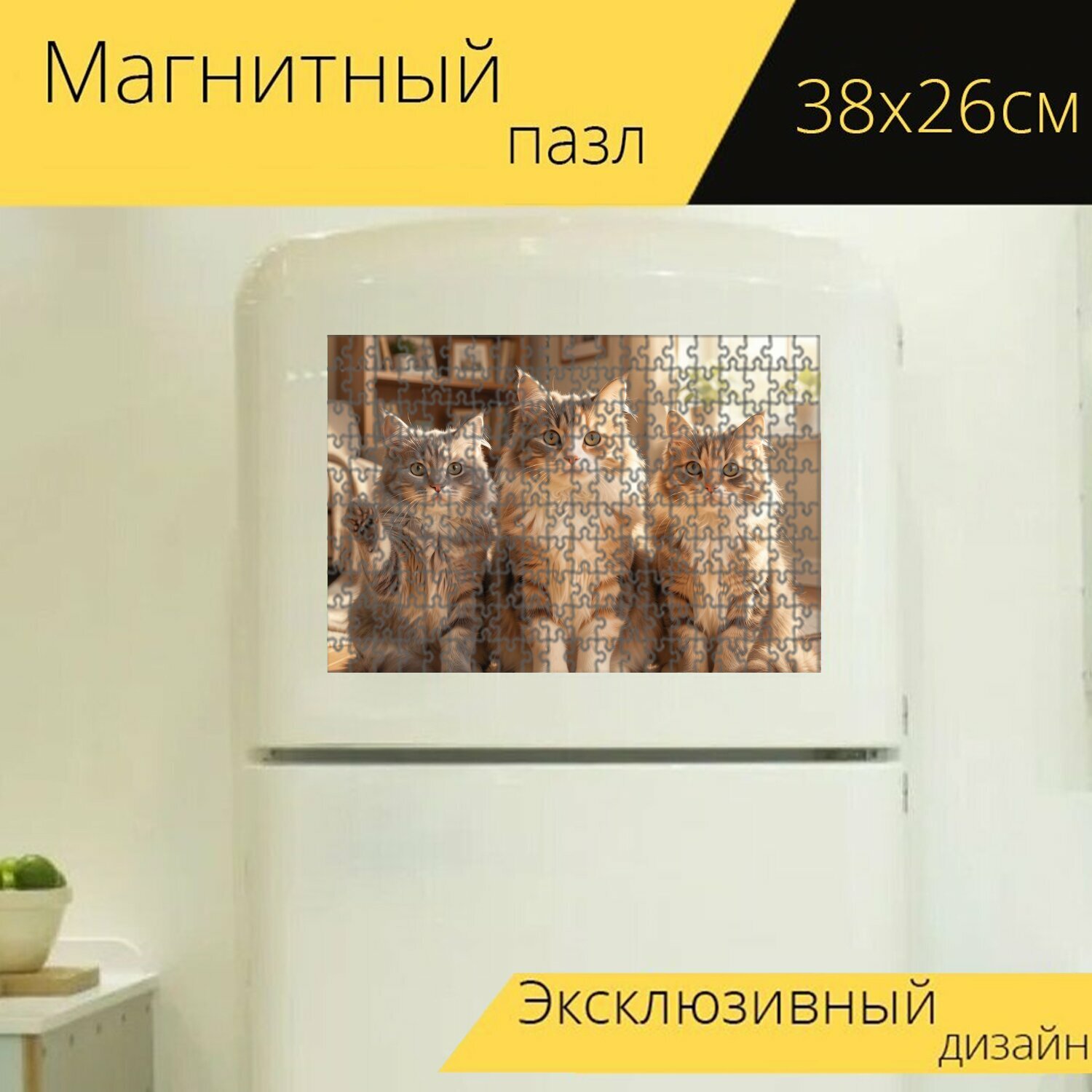Магнитный пазл "Три пушистых кота в интерьере. Теплая уютная сцена с тремя длинношерстными котами в солнечной комнате: мягкий естественный свет, деревянный." для интерьера, 38х26 см.