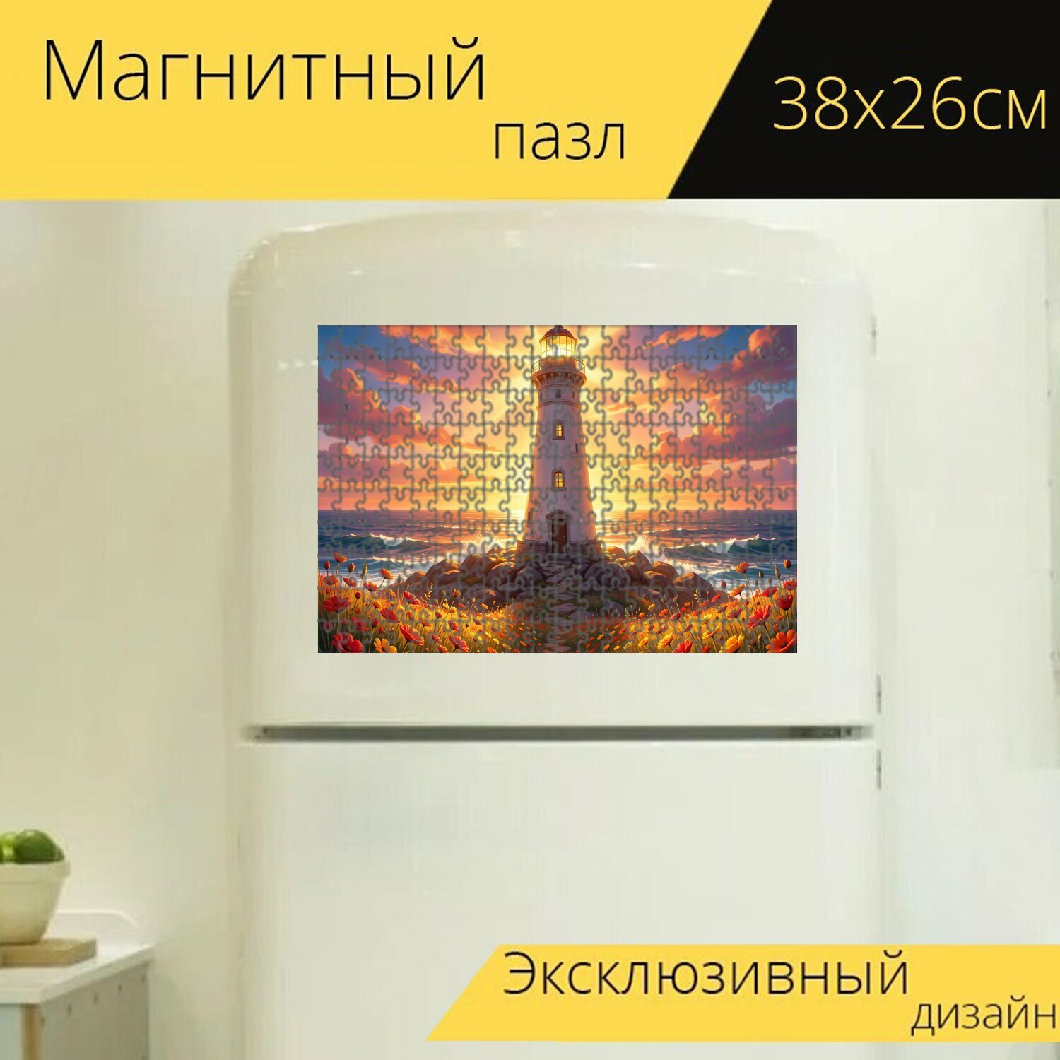 Магнитный пазл "Маяк на закате у моря. Живописный морской пейзаж с высокой башней на скалистом берегу, ярким солнцем за горизонтом, волнами и полевыми." для интерьера, 38х26 см.