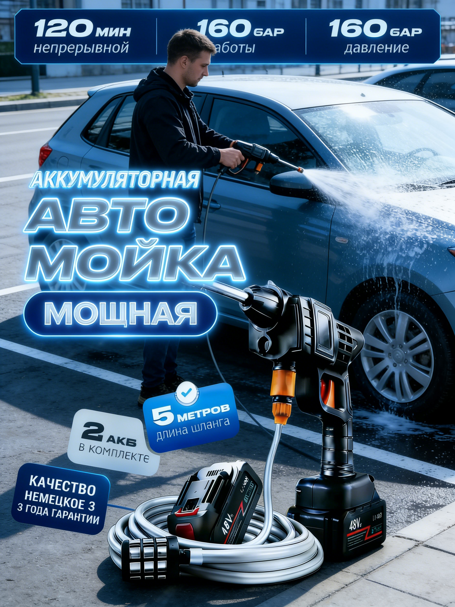 Аккумуляторная автомойка , высокого давления, для автомобиля, в кейсе 2 аккумулятора, минимойка с пистолетом