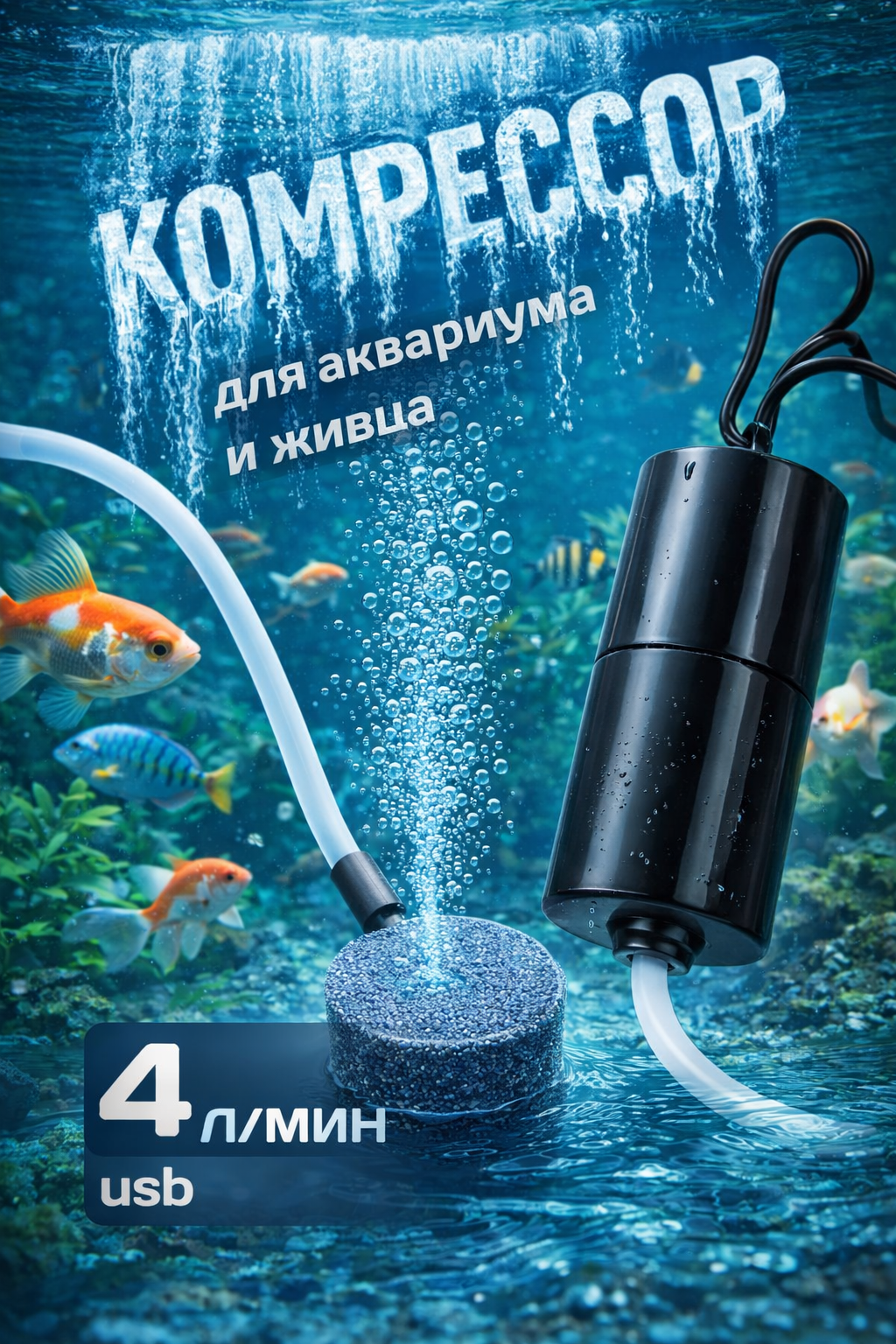Бесшумный USB компрессор для аквариума 240 л/ч — аэратор + воздух для рыб и живца