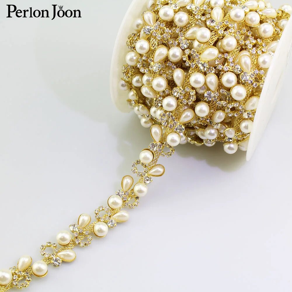 Лента стразовая с жемчугом Perlon Joon, 1 yard, Gold — фото 1