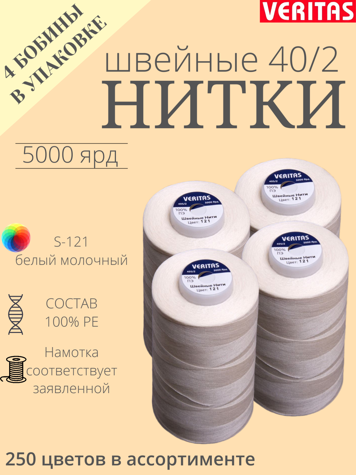 Нитки швейные 40/2 набор 4 бобины VERITAS S-121, намотка 5000ярд
