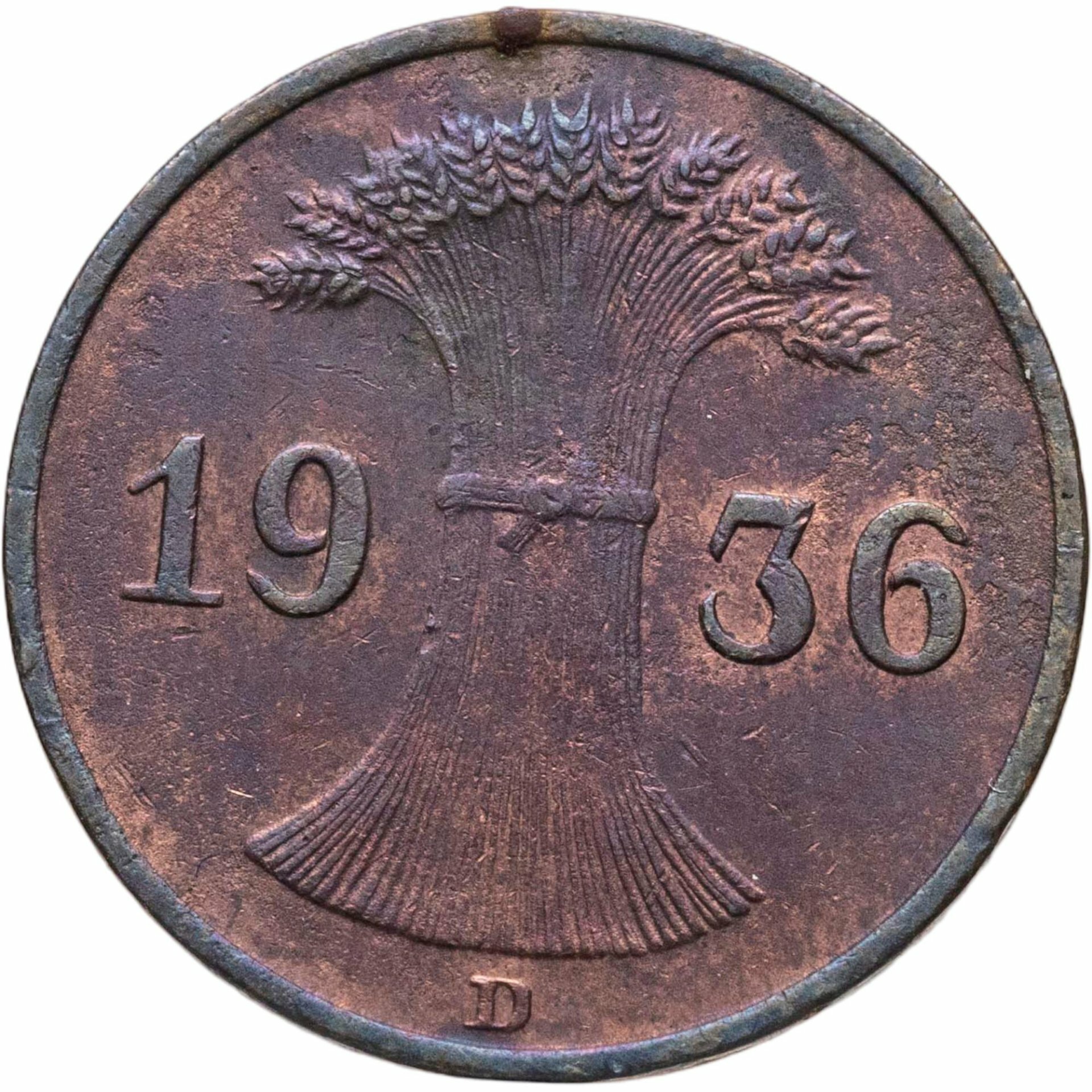 Германия 1 рейхспфенниг (reichspfennig) 1936 D знак монетного двора "D"  — Мюнхен