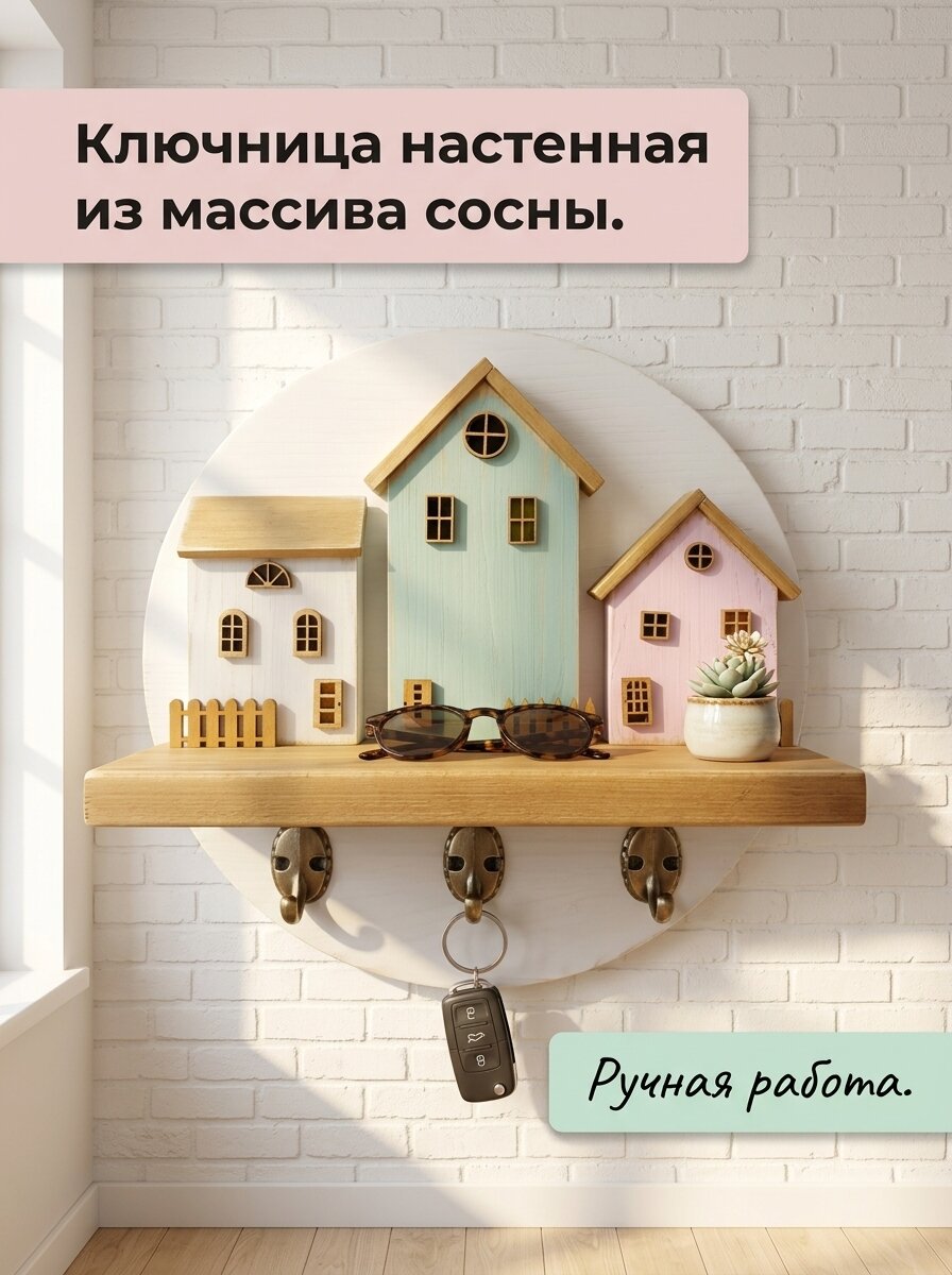 Ключница "Винтажные домики", настенная, деревянная, с полочкой, 3 крючка, 29см