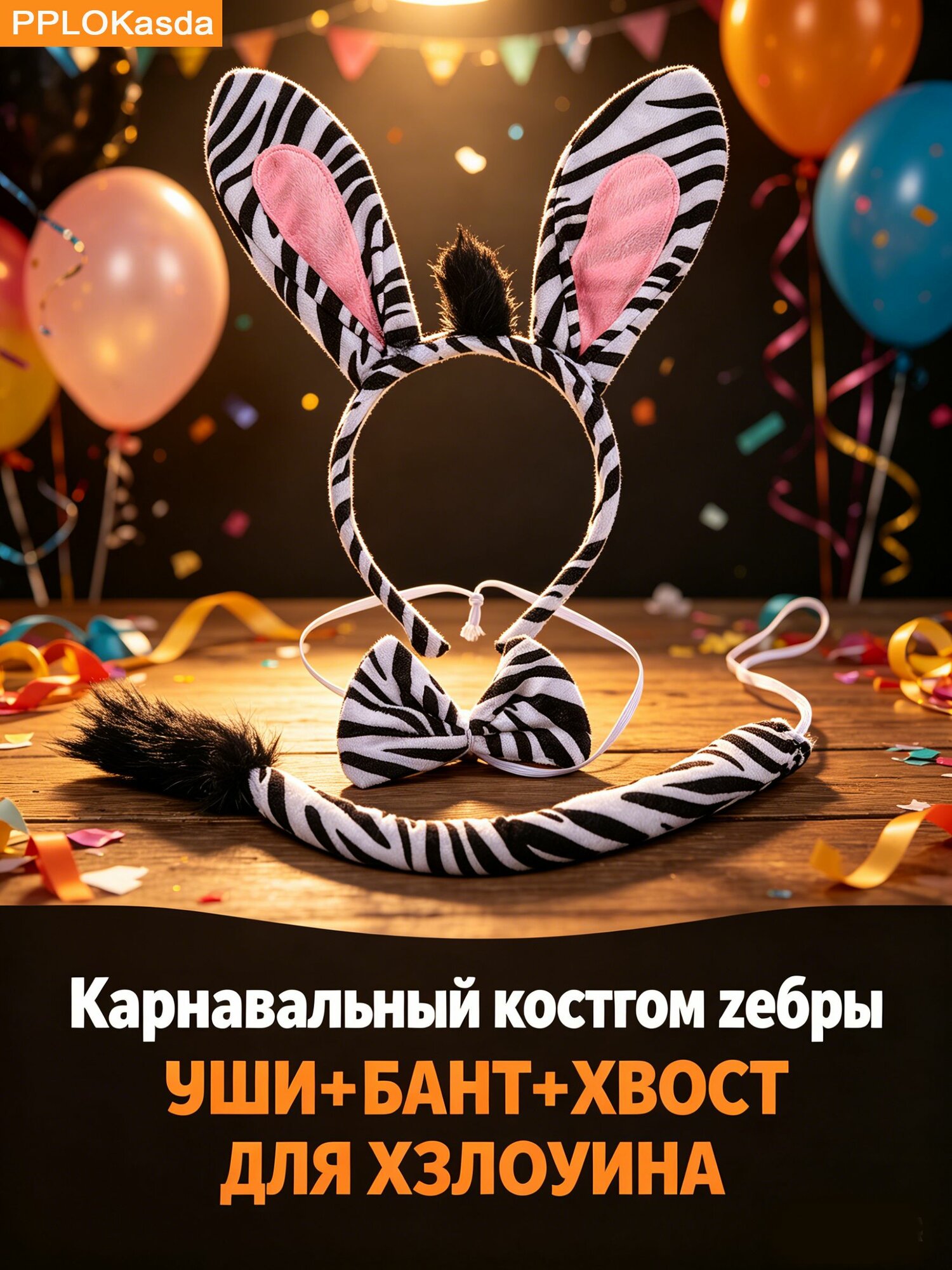 Комплект костюма с зебровыми ушами, галстуком-бабочкой и хвостом для косплея