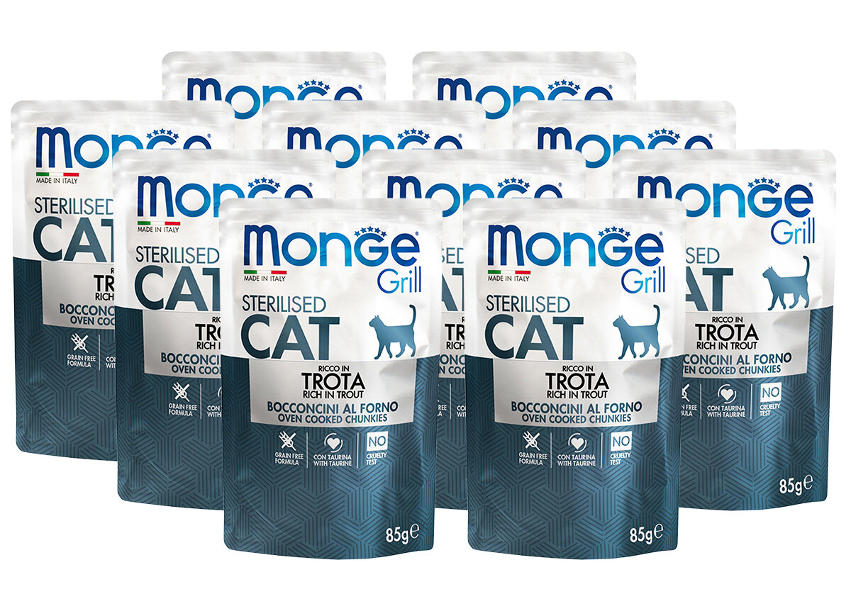 Корм влажный Monge Grill Pouch Cat Sterilised для взрослых кастрированных котов и стерилизованных кошек с форелью пауч, 85 г 10 шт