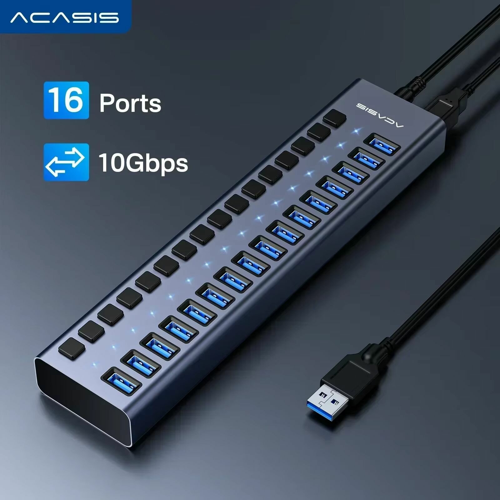 Acasis 16-портовый USB3.2 Gen2 концентратор 10Gbps, USB-B, адаптер питания EU 12V/8A, кнопки включения, алюминиевый корпус, для ПК и ноутбуков (HS-716MG-10G-EU)