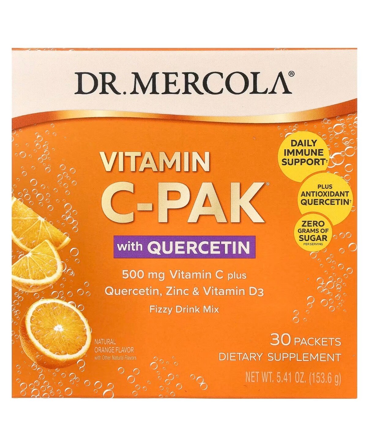 Dr. Mercola C-PAC витамин С с кверцетином, цинком, Д3 для иммунитета 30 пакетиков вкус апельсин