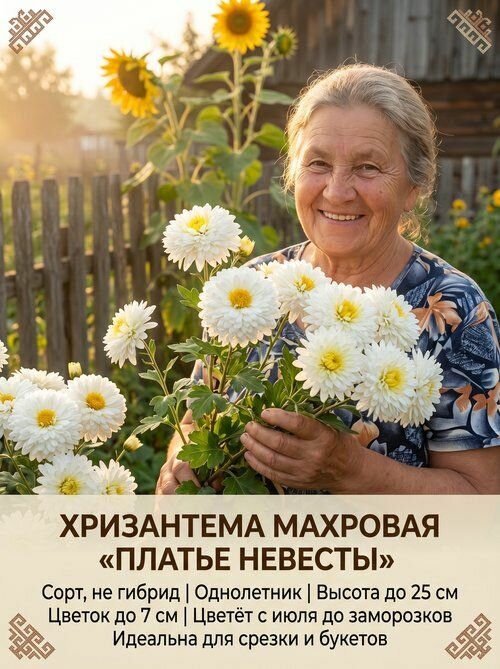 Хризантема Платье невесты (0,1 г) махровая, однолетник 20 см, белоснежная, для клумб, срезки и букетов