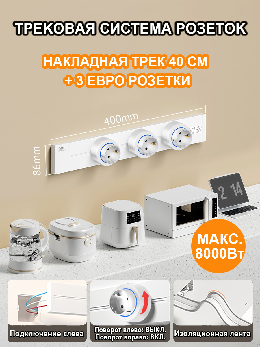 40 сантиметровая высокомощная (8000 Вт) трековая розеточная система + 3 евророзетки, белый