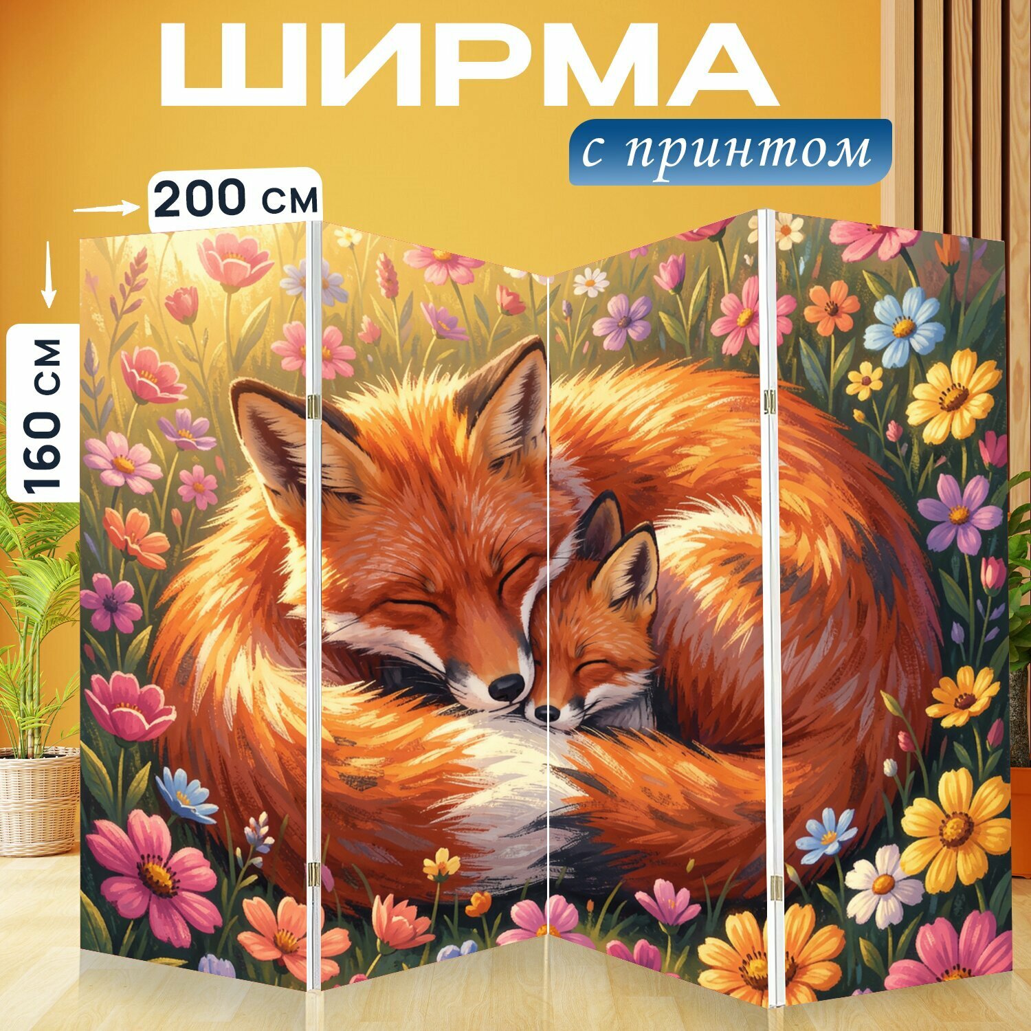 Ширма "Лисица с лисенком в цветах. Нежная иллюстрация спящих рыжих зверей в объятиях среди полевых растений." перегородка для зонирования комнаты с принтом 200x160 см. на холсте