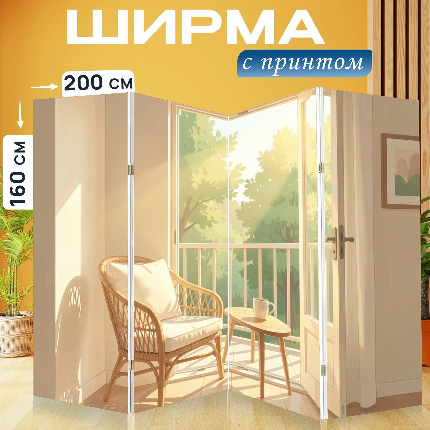 Ширма "Солнечный уголок у балкона. Уютный интерьер с плетеным креслом, круглым столиком и чашкой у распахнутой." перегородка для зонирования комнаты с принтом 200x160 см. на холсте