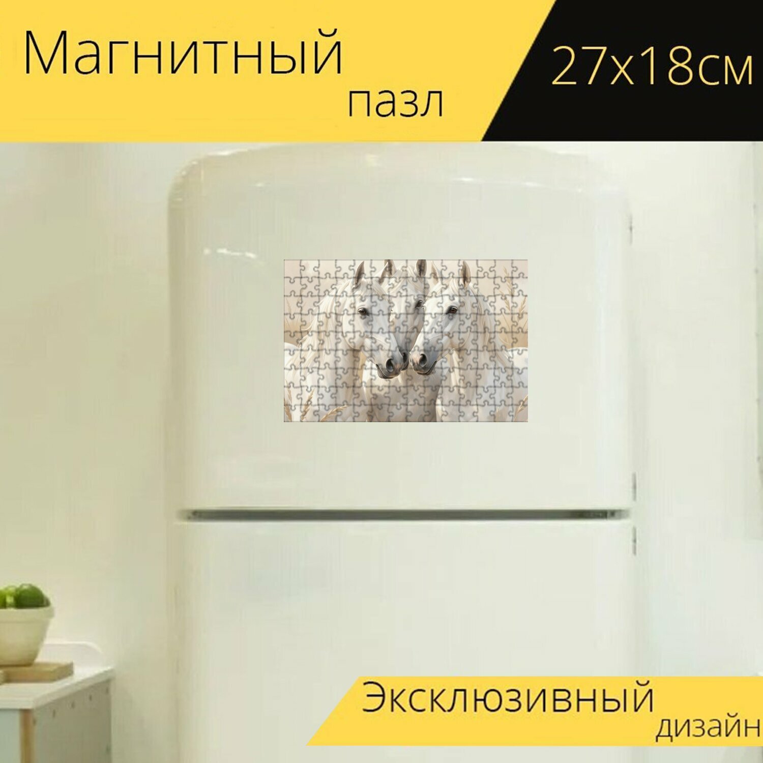 Магнитный пазл "Три белые лошади в поле. Нежная иллюстрация с тремя светлыми скакунами среди сухих трав, в теплой пастельной гамме. Спокойная атмосферная." на холодильник 27 x 18 см.