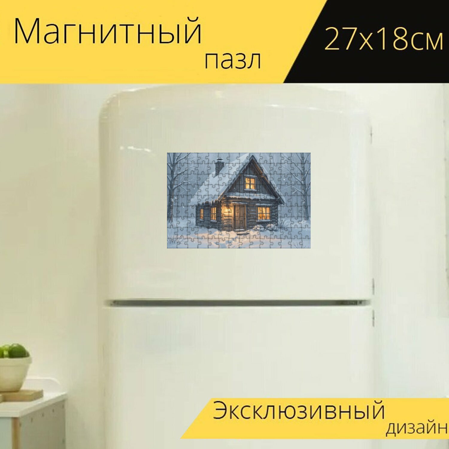 Магнитный пазл "Снежный лесной домик. Уютная зимняя изба среди заснеженного леса, с тёплым светом в окнах, дымоходом и тропинкой в снегу. Мягкая." на холодильник 27 x 18 см.