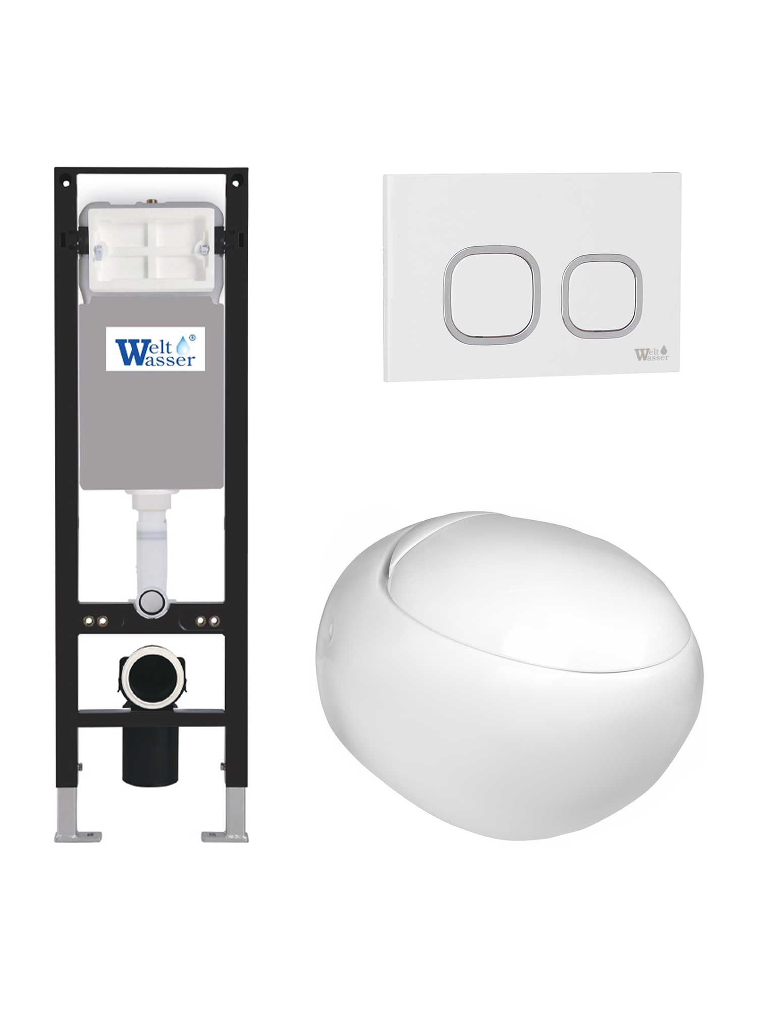 Комплект 3 в 1 Унитаз подвесной WeltWasser JECKENBACH 004 GL-WT безободковый+Инсталляция AMBERG 350 с кнопкой AMBERG RD-WT белая матовая
