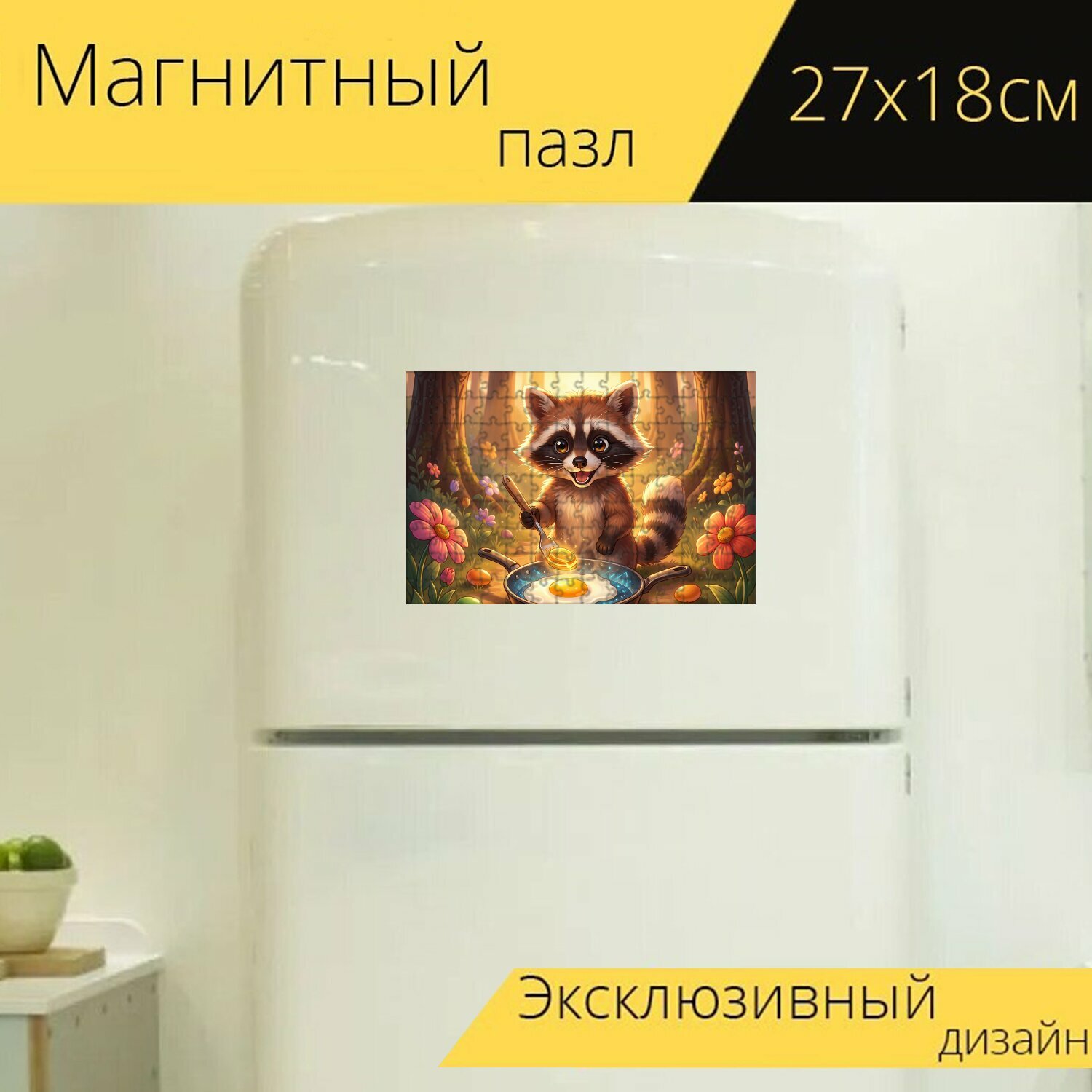 Магнитный пазл "Енот готовит яичницу в лесу. Милый мультяшный зверёк у костра в сказочном лесу жарит яйцо на сковороде, вокруг яркие цветы и тёплое." на холодильник 27 x 18 см.