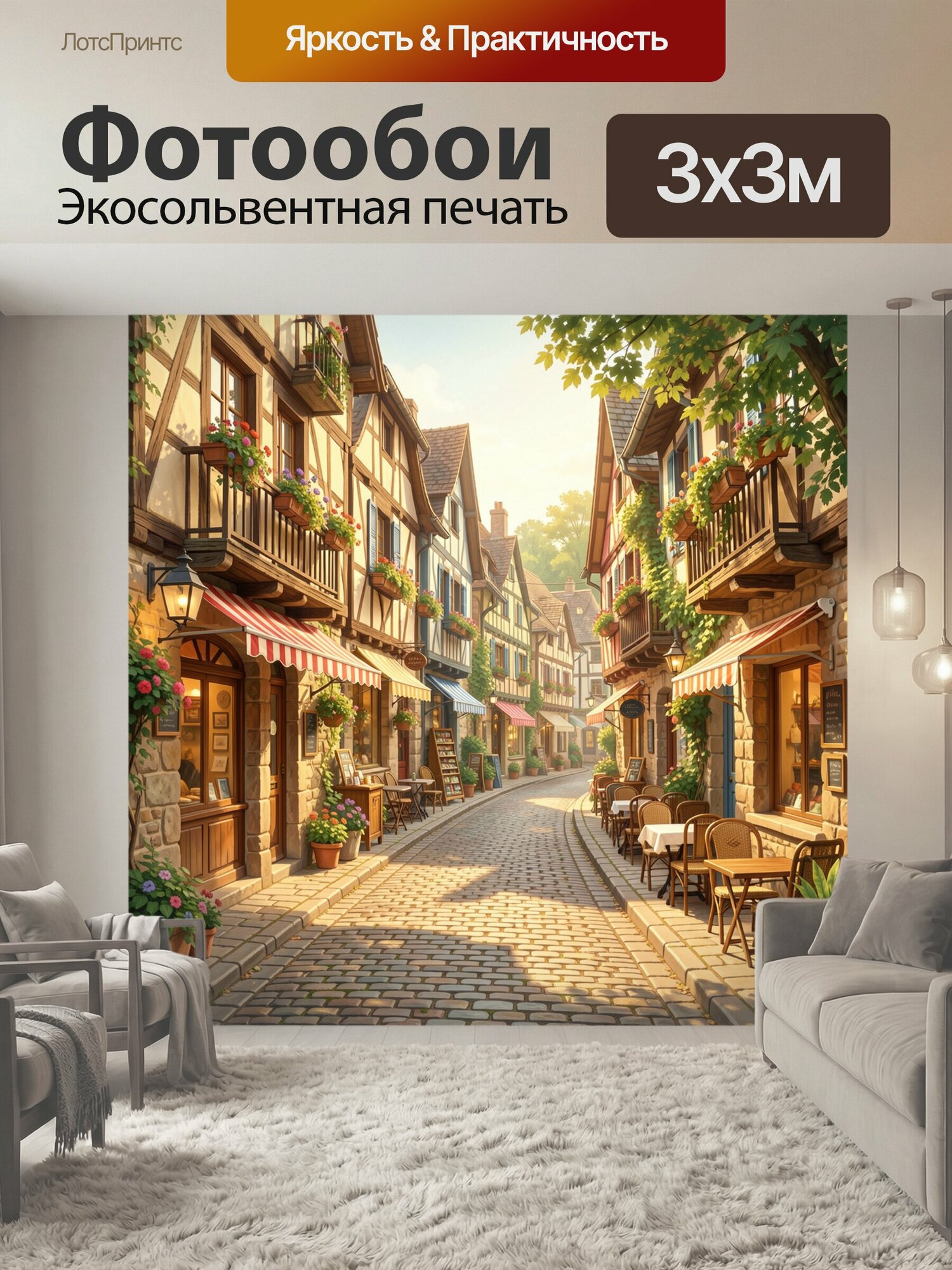Фотообои "Уютная европейская улочка с кафе. Старинная мощёная улица в европейском стиле с фахверковыми домами, цветочными балконами, уличными." 300x300 см. экосольвентная печать