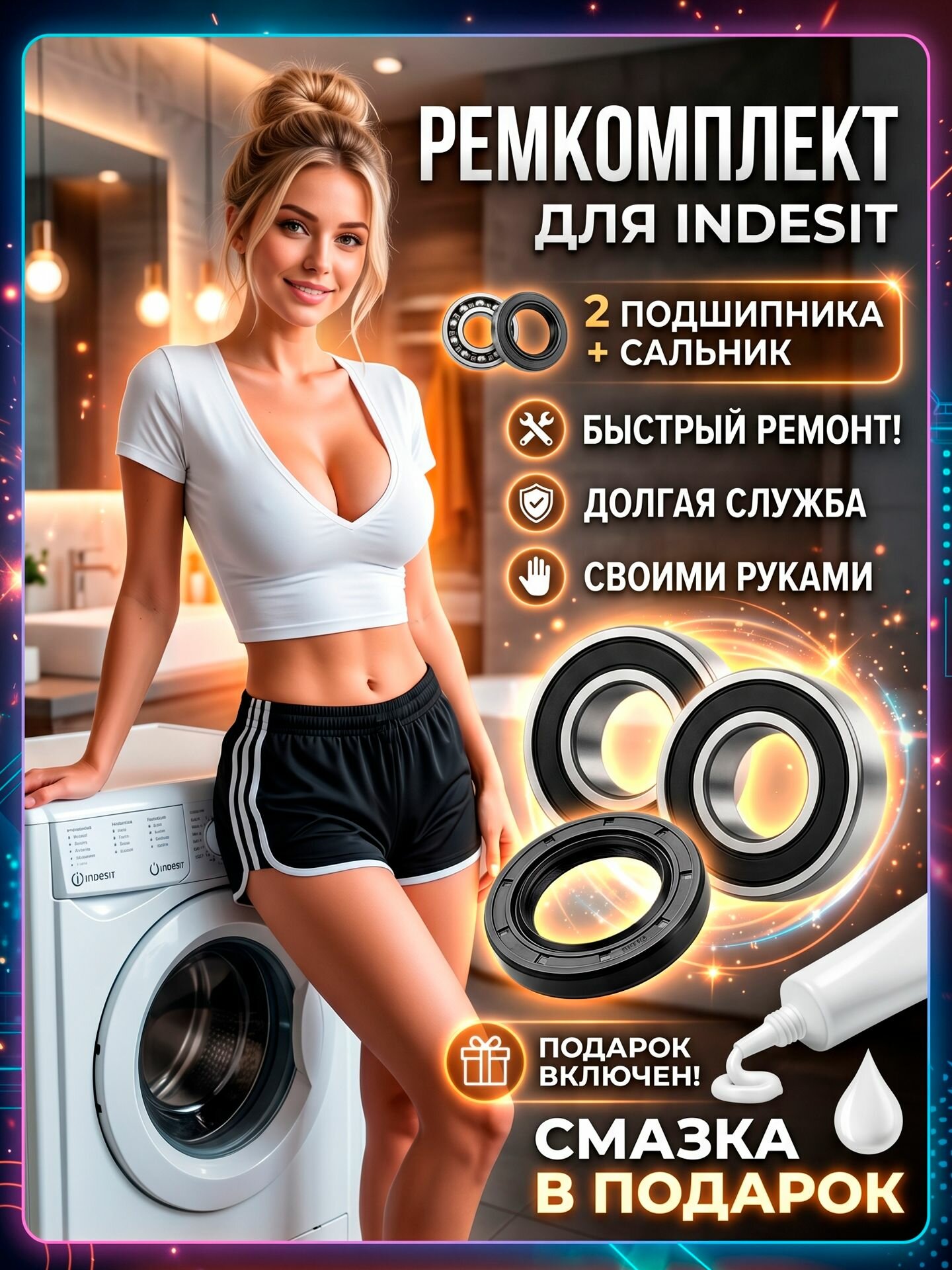 Комплект для ремонта бака стиральной машины Indesit WI81 2 подшипника сальник + смазка, список совместимых моделей в описании