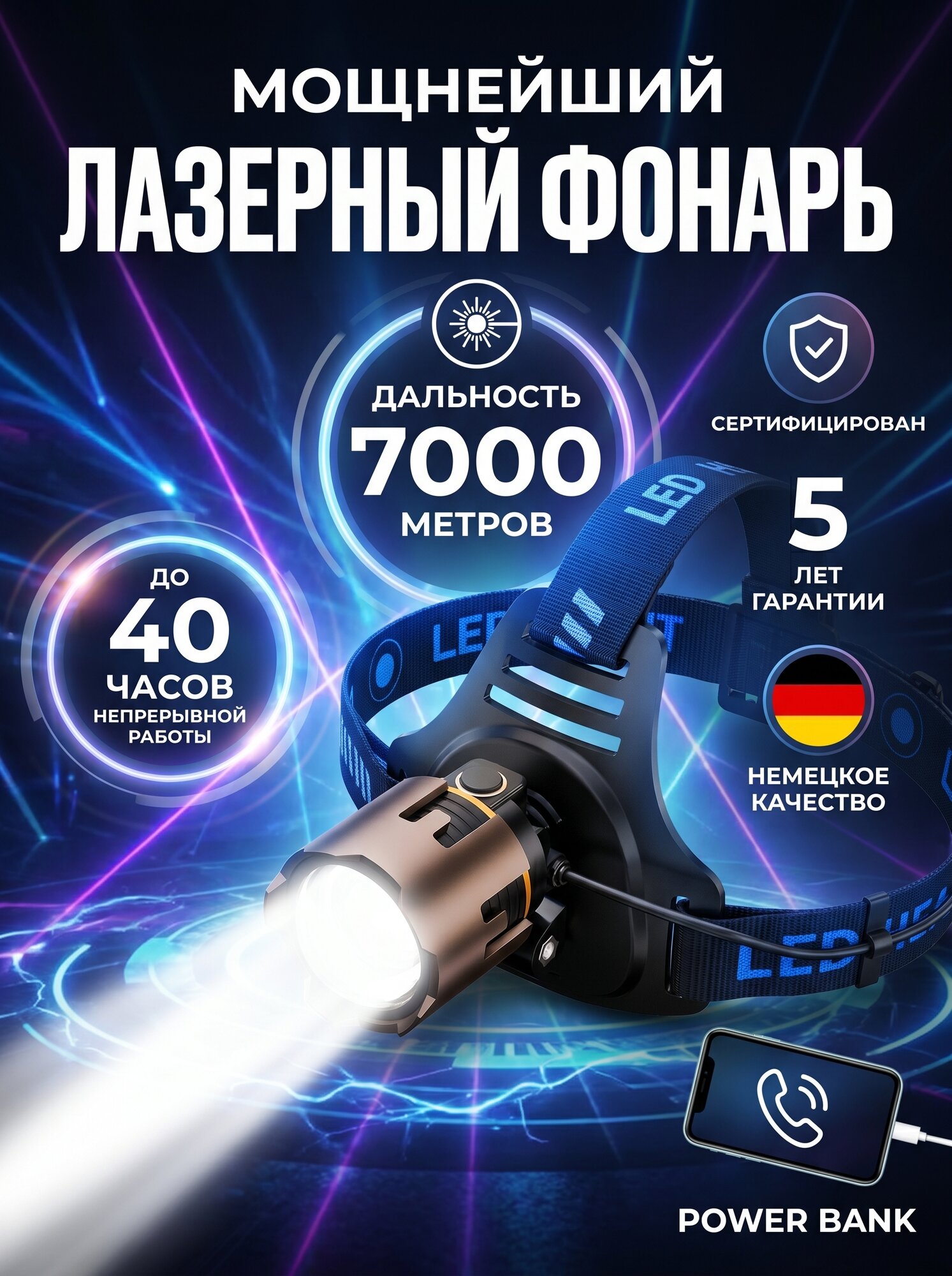 Фонарь налобный, аккумуляторный мощный, светодиодный, LED с зарядкой, лазерный