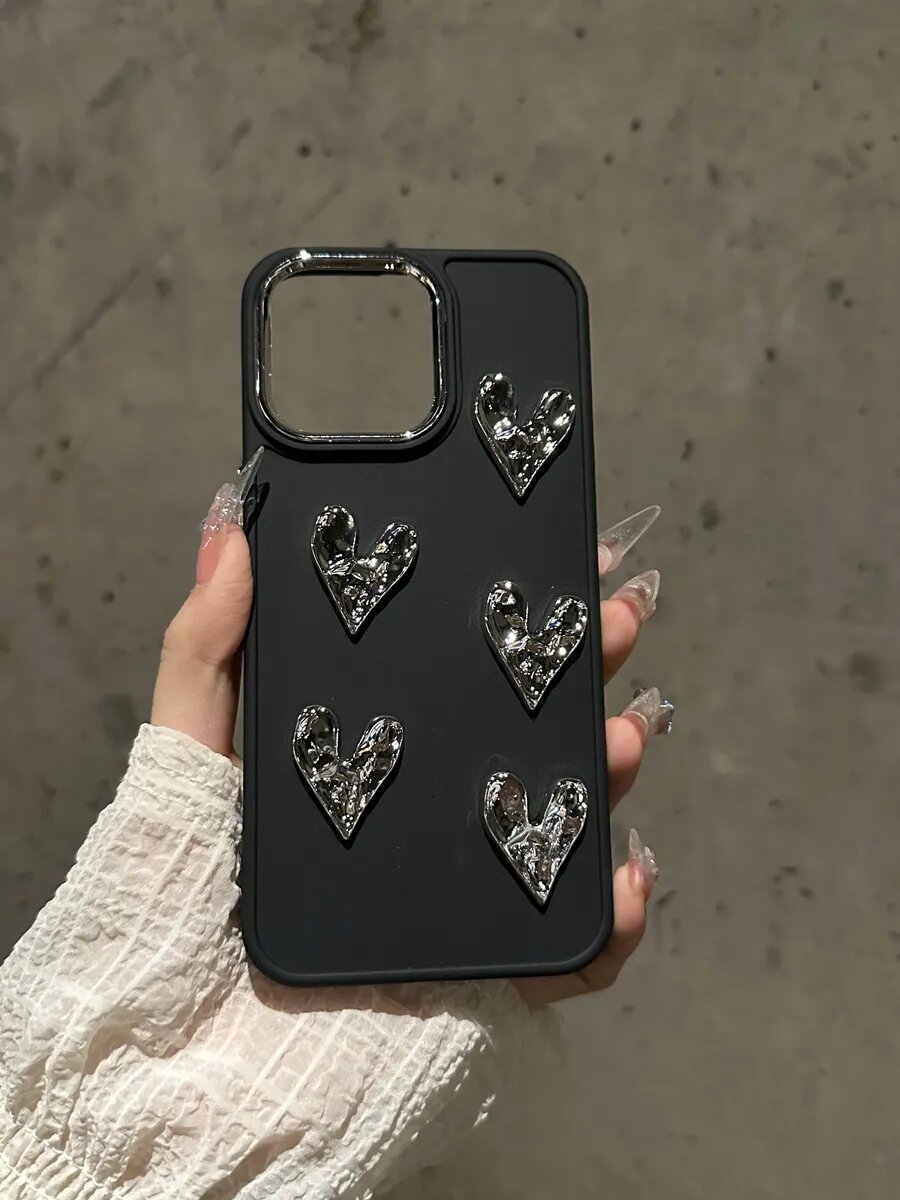 Чехол "Сердечки" О'кейси, силикон, для iPhone 15 Pro Max, зеркальный, чёрный