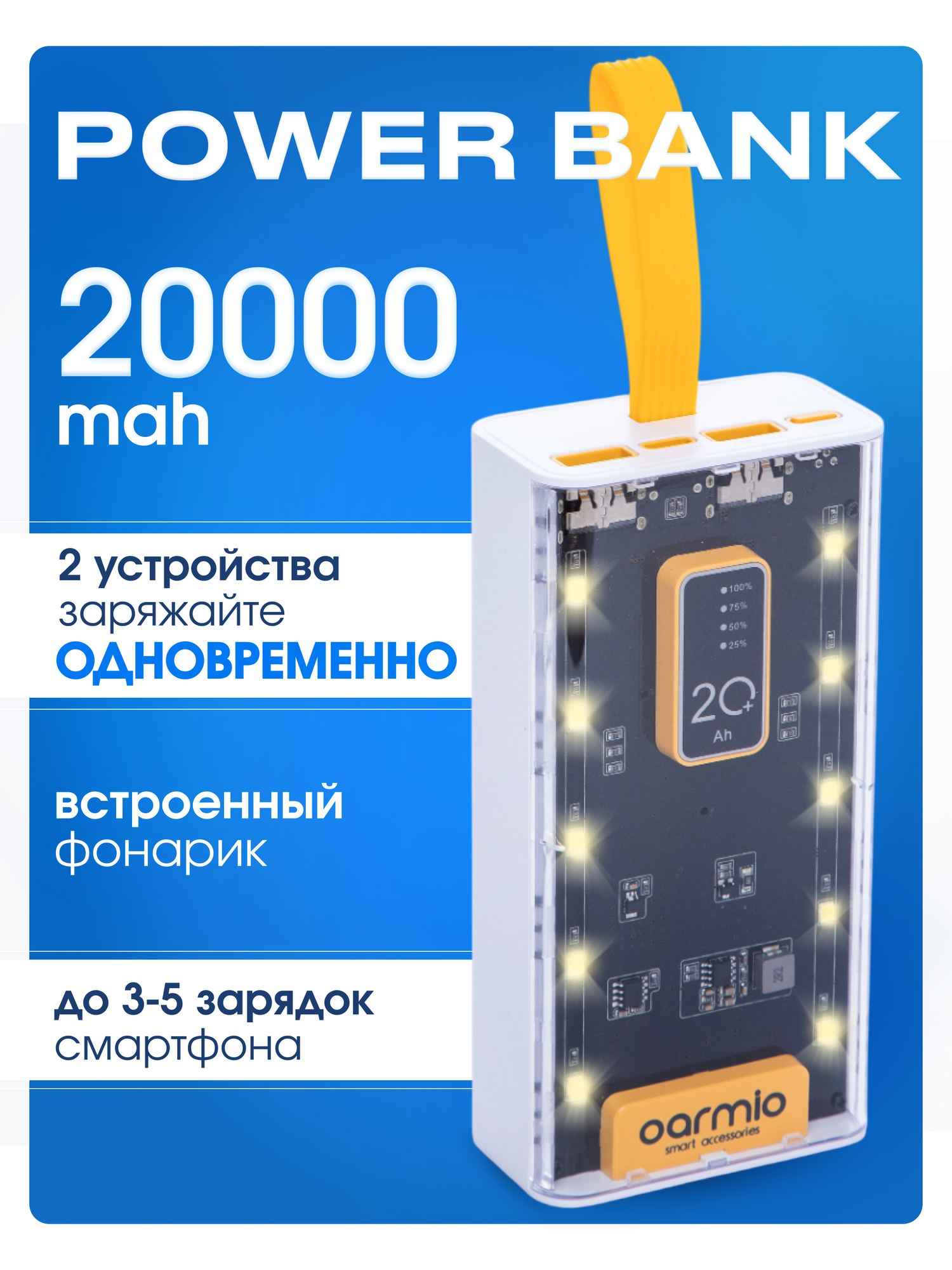 Повербанк 20000mah, внешний аккумулятор 20000mah, powerbank, зарядка 2 устройств, фонарик, кабель в комплекте